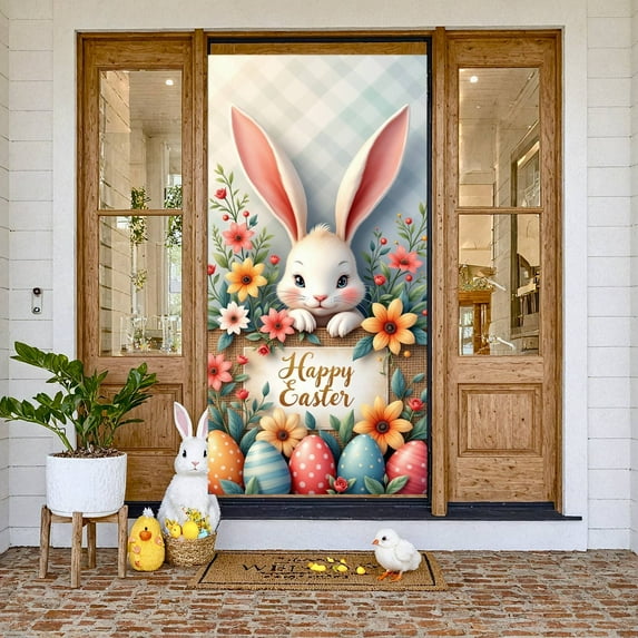 Colorful Eggs Easter Welcome Banner Pink Bow Spring Backdrop Blue ...