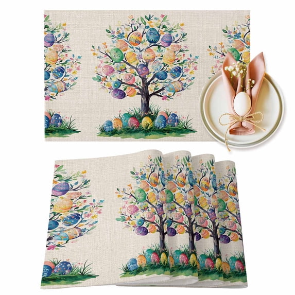 Colorful Eggs Placemats Set of 2, Easter Tree Heat Insulated Linen ...