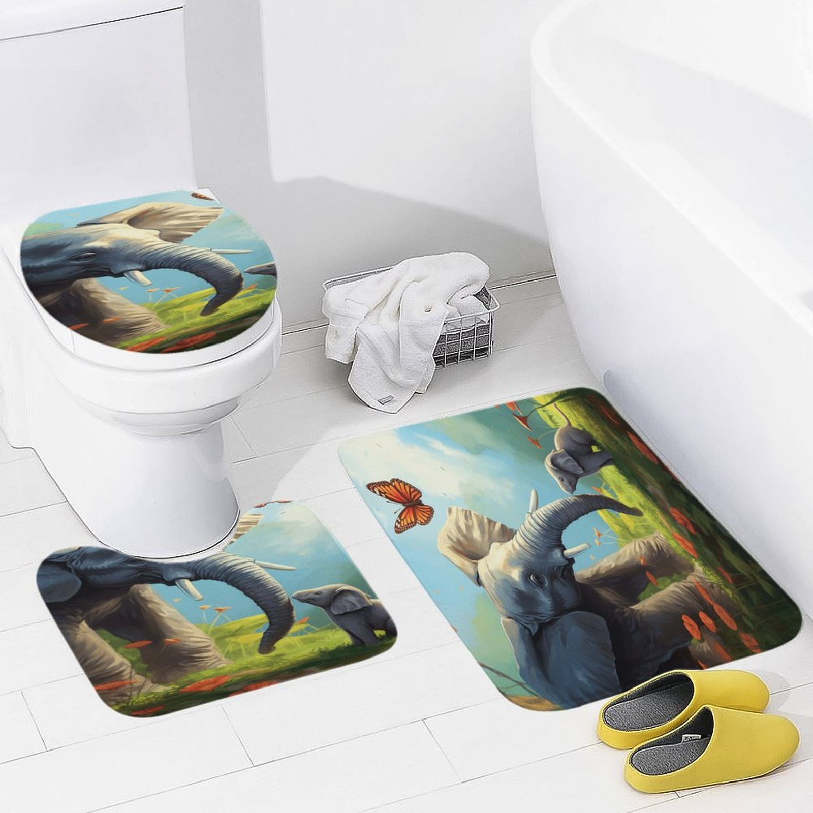 Colorful Elephant Flower Bathroom Mats Set 3-piece Bath Mats , Floor ...