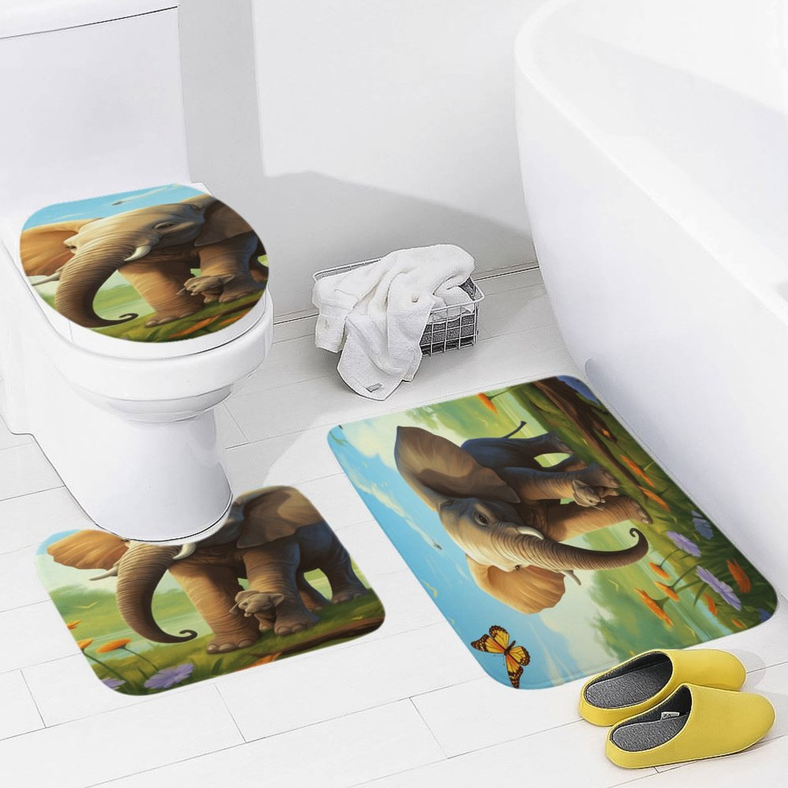 Colorful Elephant Flower Bathroom Mats Set 3-piece Bath Mats , Floor ...