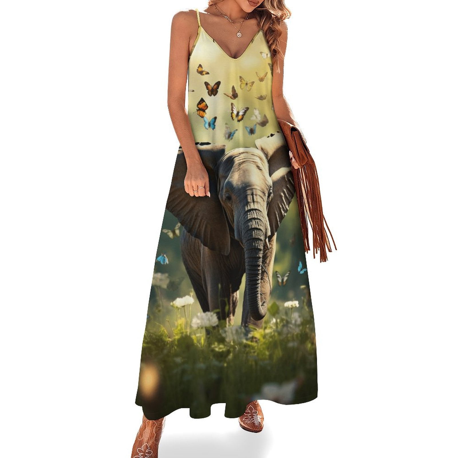 Colorful Elephant Flower Design Sleeveless Dress Woman Fashion Long ...