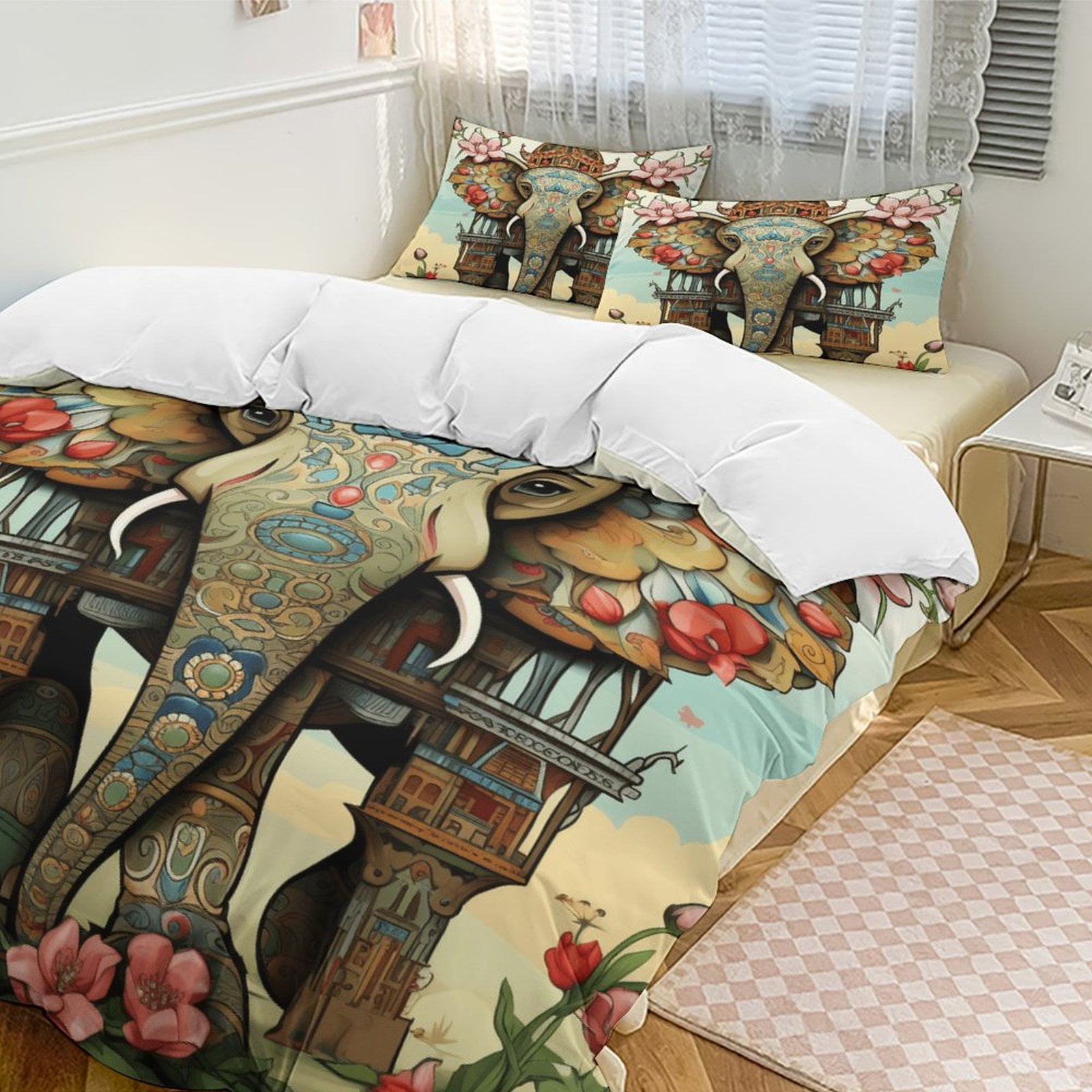 Colorful Elephant Flower Duvet Cover Set Themed Multicolor Polyester ...