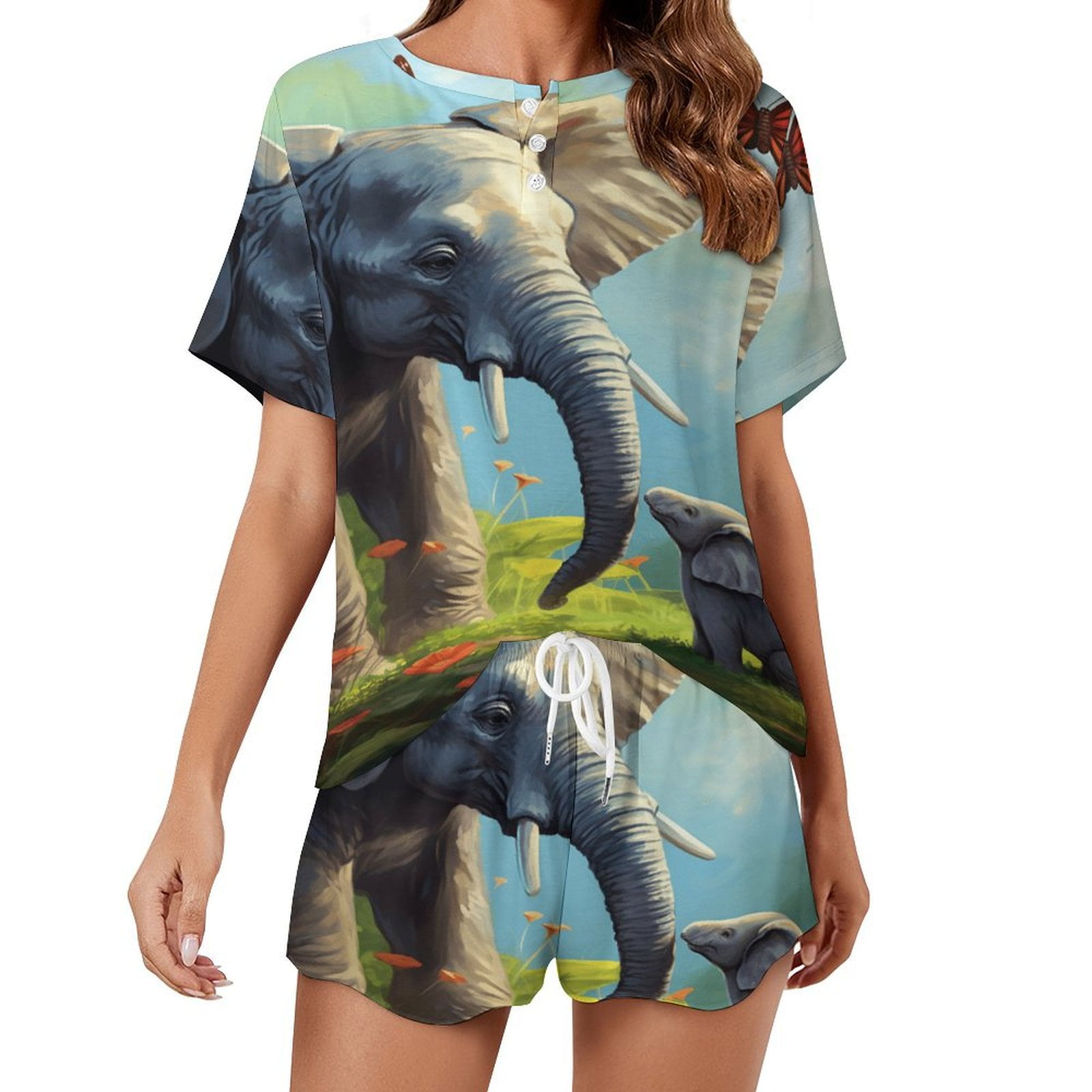 Colorful Elephant Flower Print Women'S Pajamas Set Summer Sleepwear ...