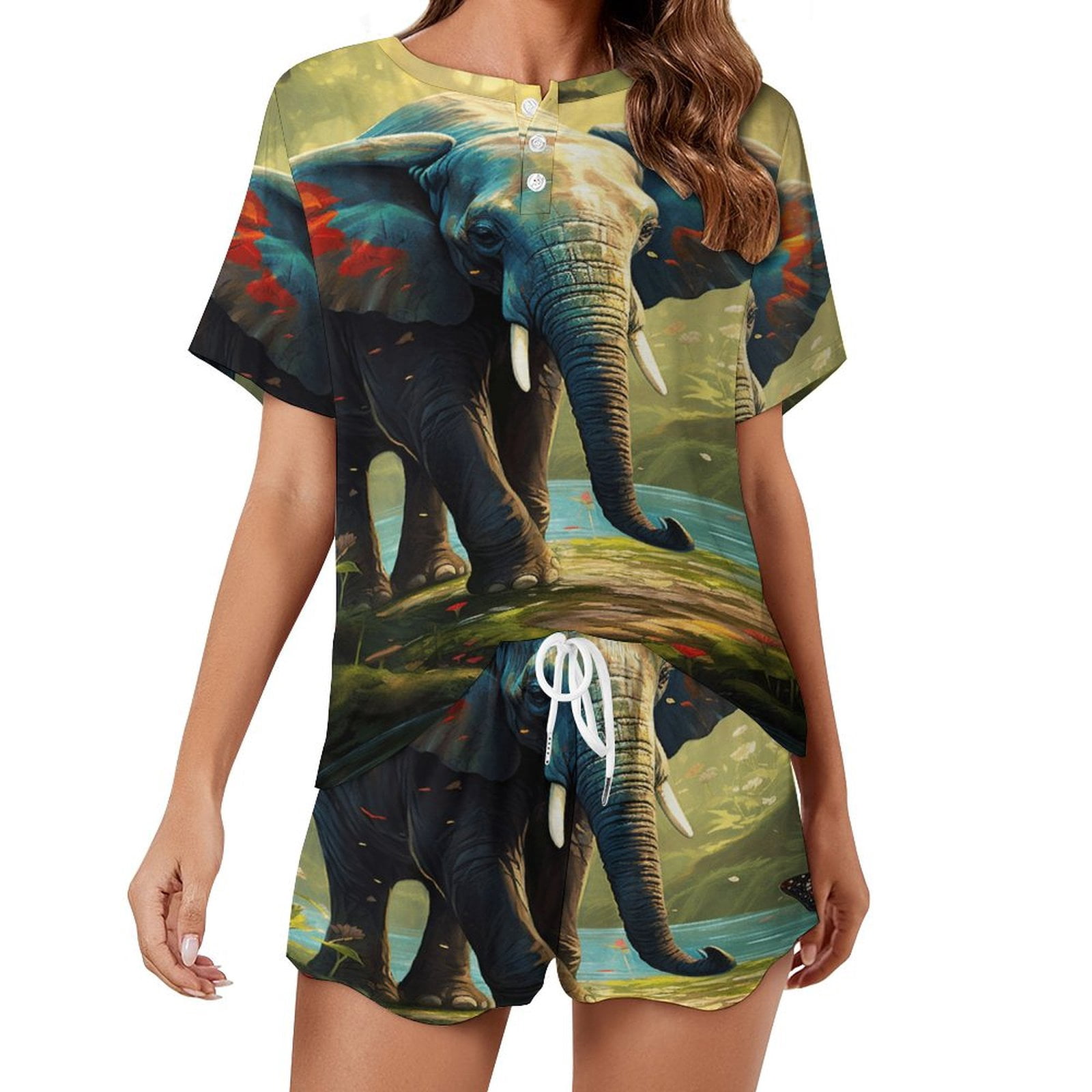 Colorful Elephant Flower Women's Ruffle Short Sleeve Tops And Shorts ...