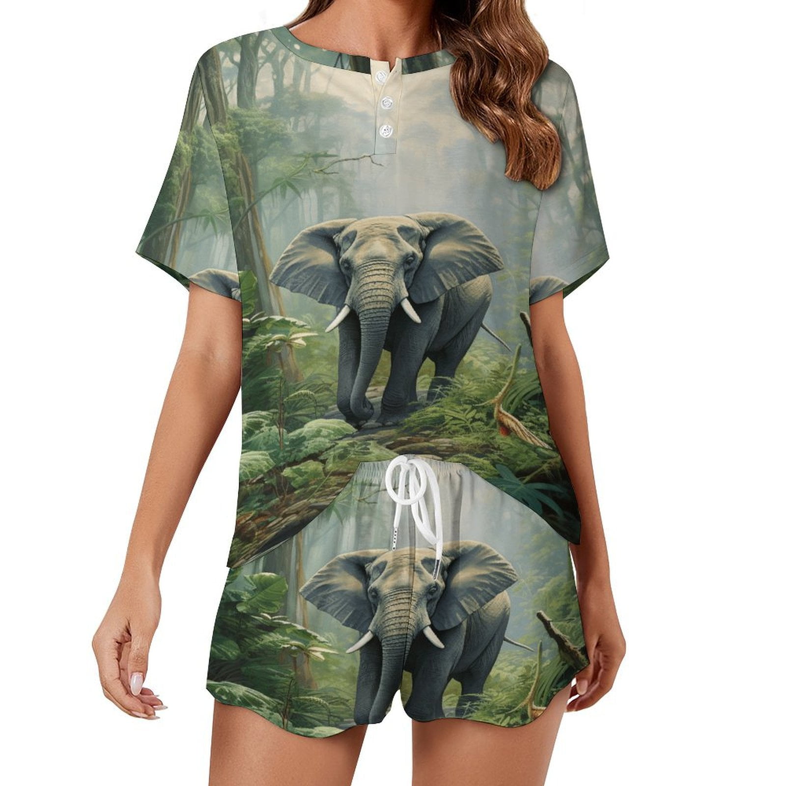 Colorful Elephant Flower Women's Ruffle Short Sleeve Tops And Shorts ...