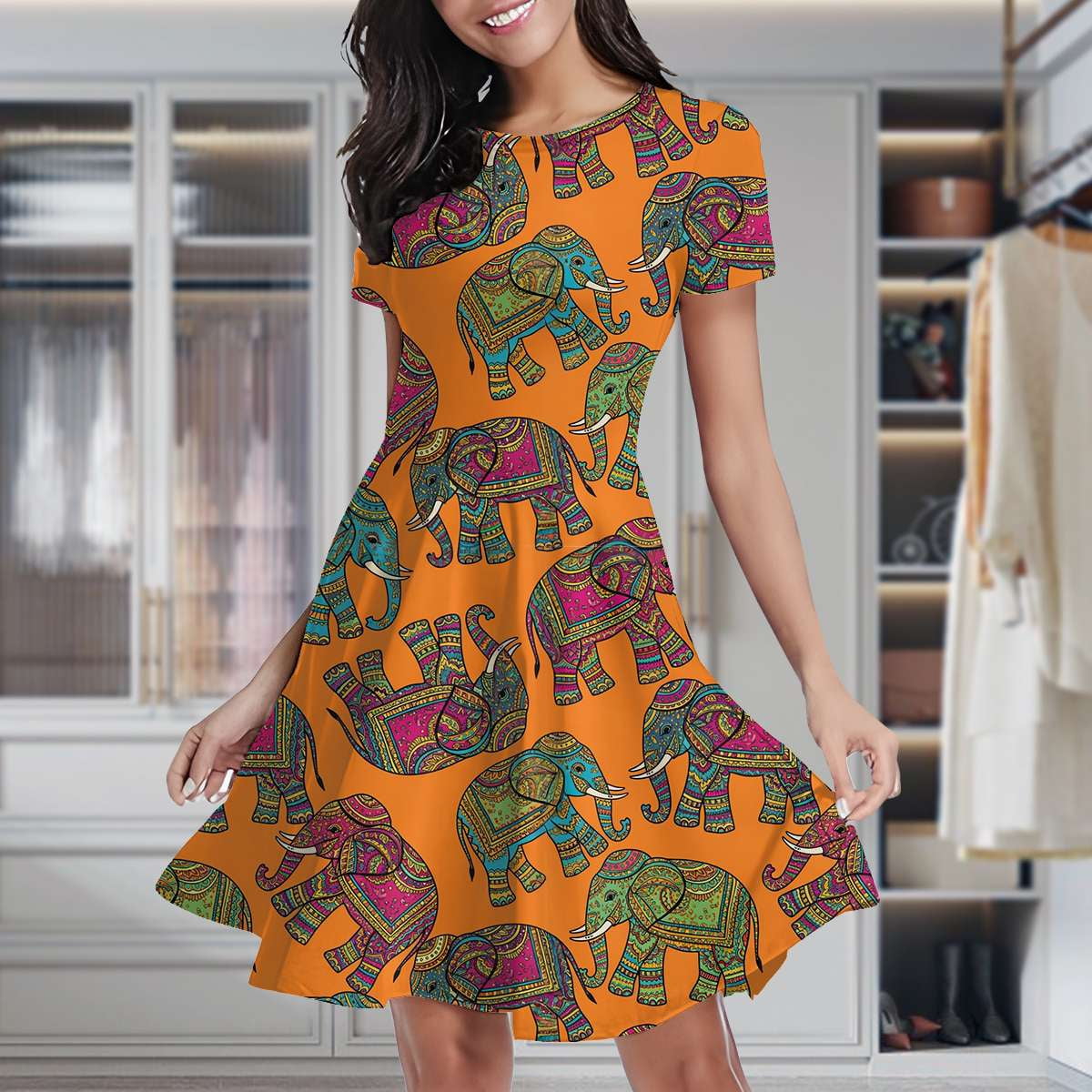 Colorful Elephant Pattern Fabric Women's Classic Swing Skater Dress Casual Work Party Cocktail ...