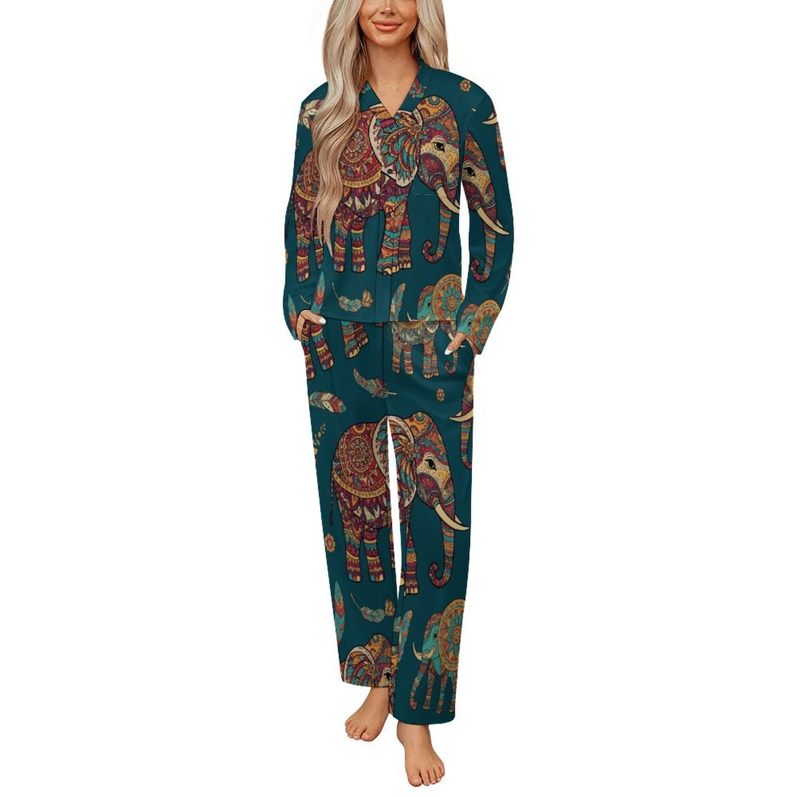 Colorful Elephant Pattern Fabric Womens Pyjamas Set Button Up Pyjamas ...