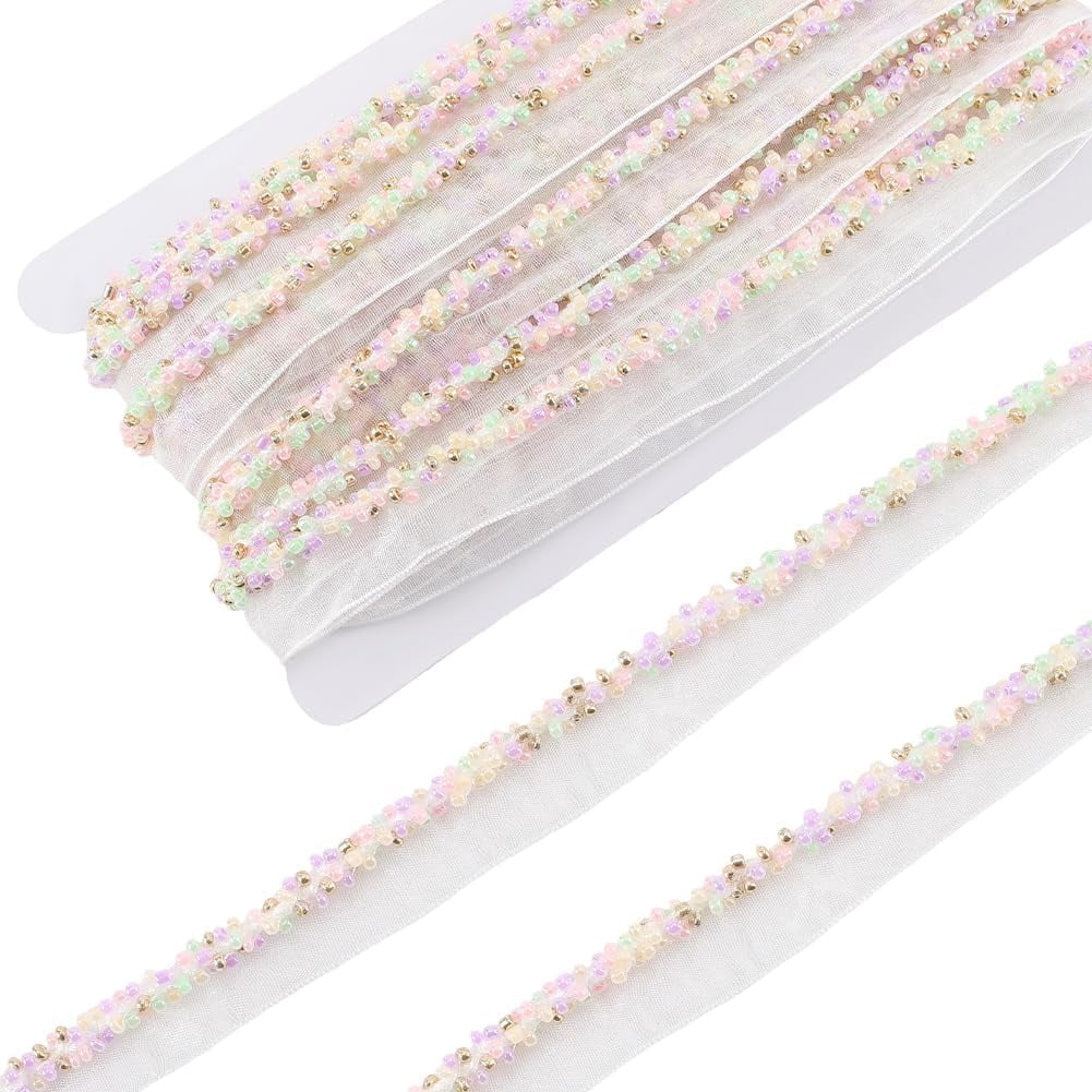 Colorful Embroidery Glass Beads Trim Soft Mesh Lace Ribbon Rainbow ...