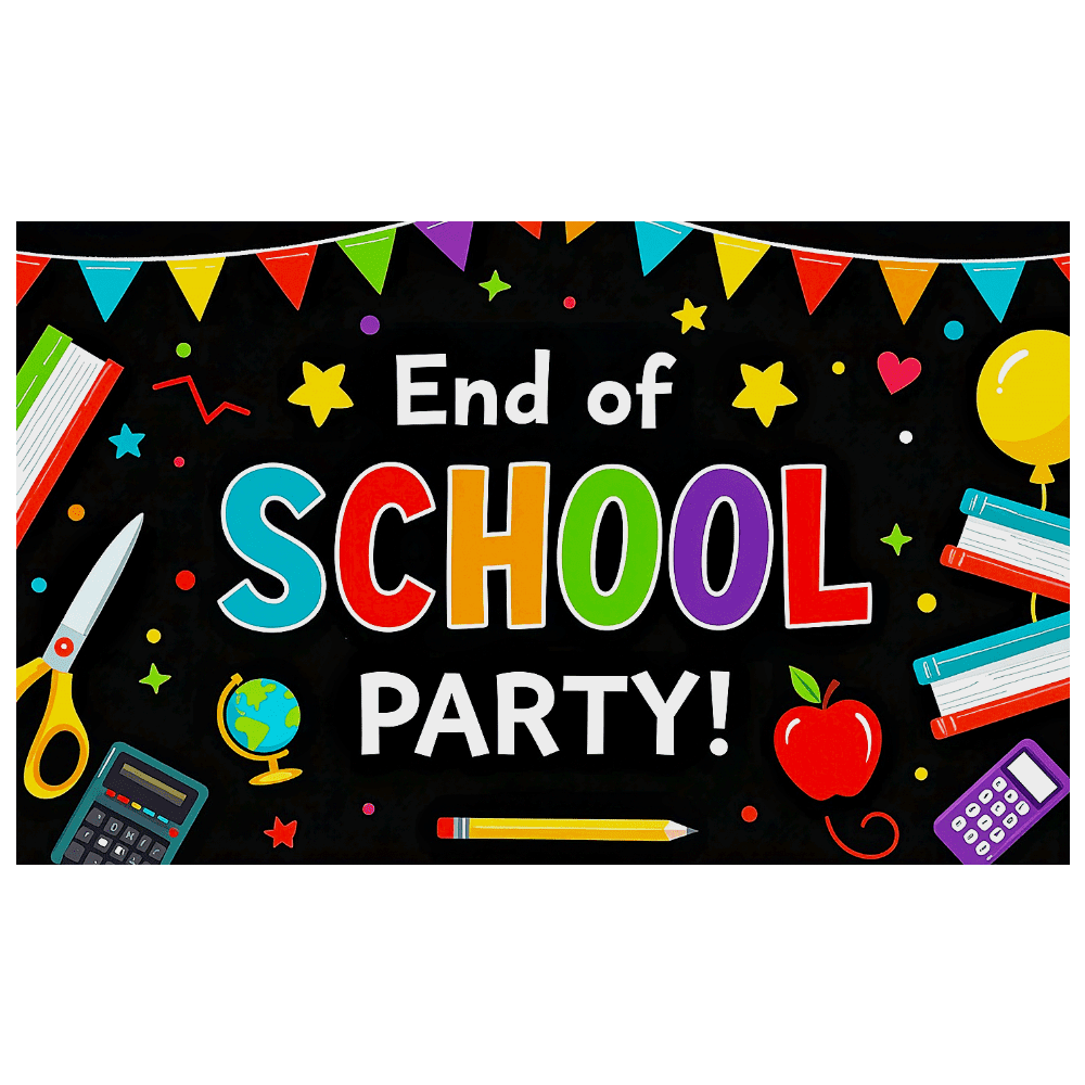 Colorful End of School Party Banner with School Supplies Elements Party ...