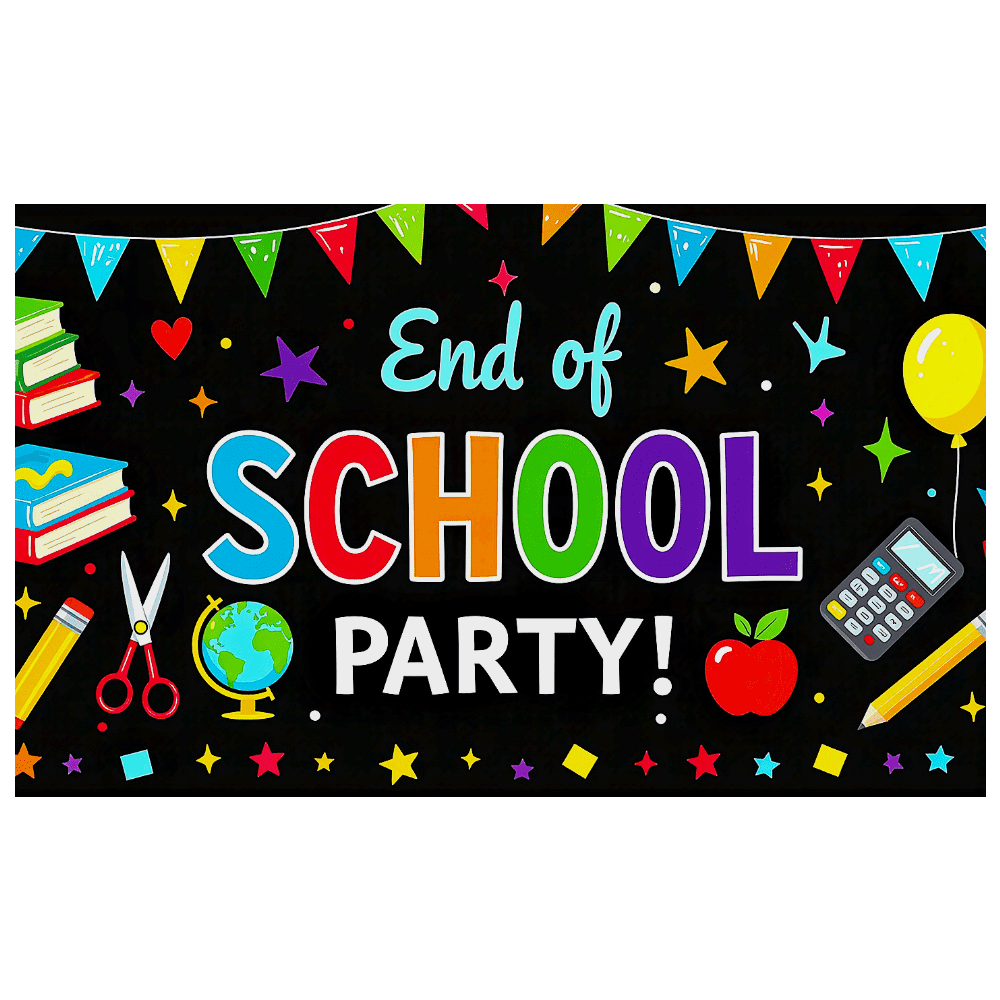 Colorful End of School Party Banner with School Supplies Elements Party ...