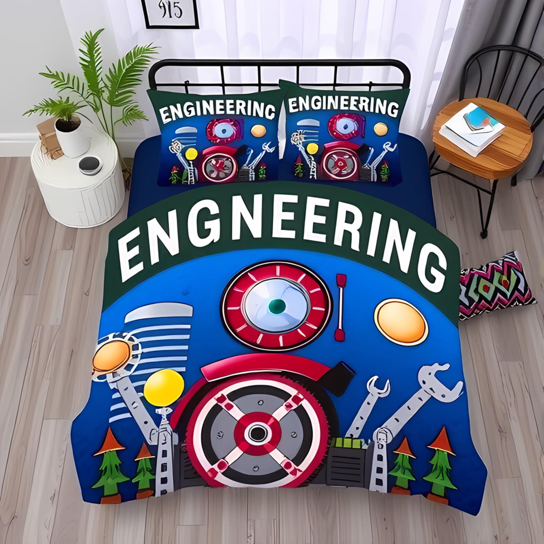 Colorful Engineering Themed 3-Piece Duvet Cover Set with Gears Tools ...