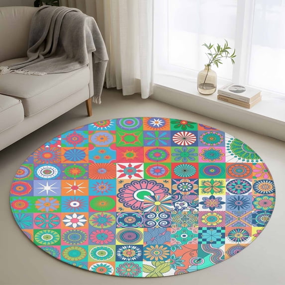 Colorful Ethnic Round Area Rug 4Ft Washable Circle Rugs for Bedroom ...