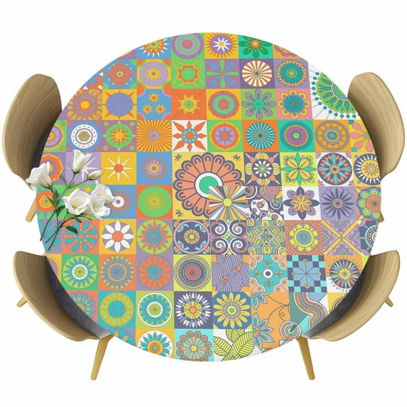 Colorful Ethnic Round Tablecloth, Fitted Table Cover with Elastic for ...