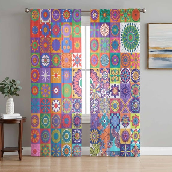Colorful Ethnic Sheer Curtains 63 Inch Length 2 Panels Set, Modern ...