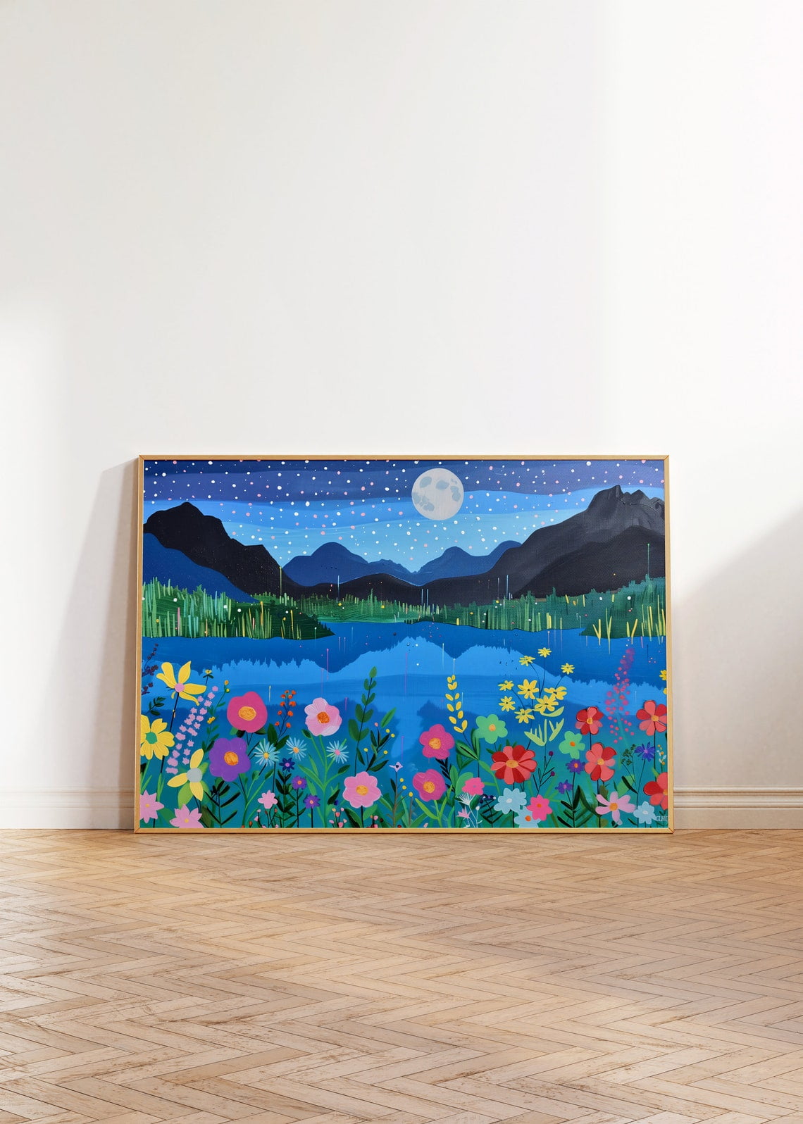 Colorful Evening Lake Landscape Wall Art, Maximalist Abstract Moon ...