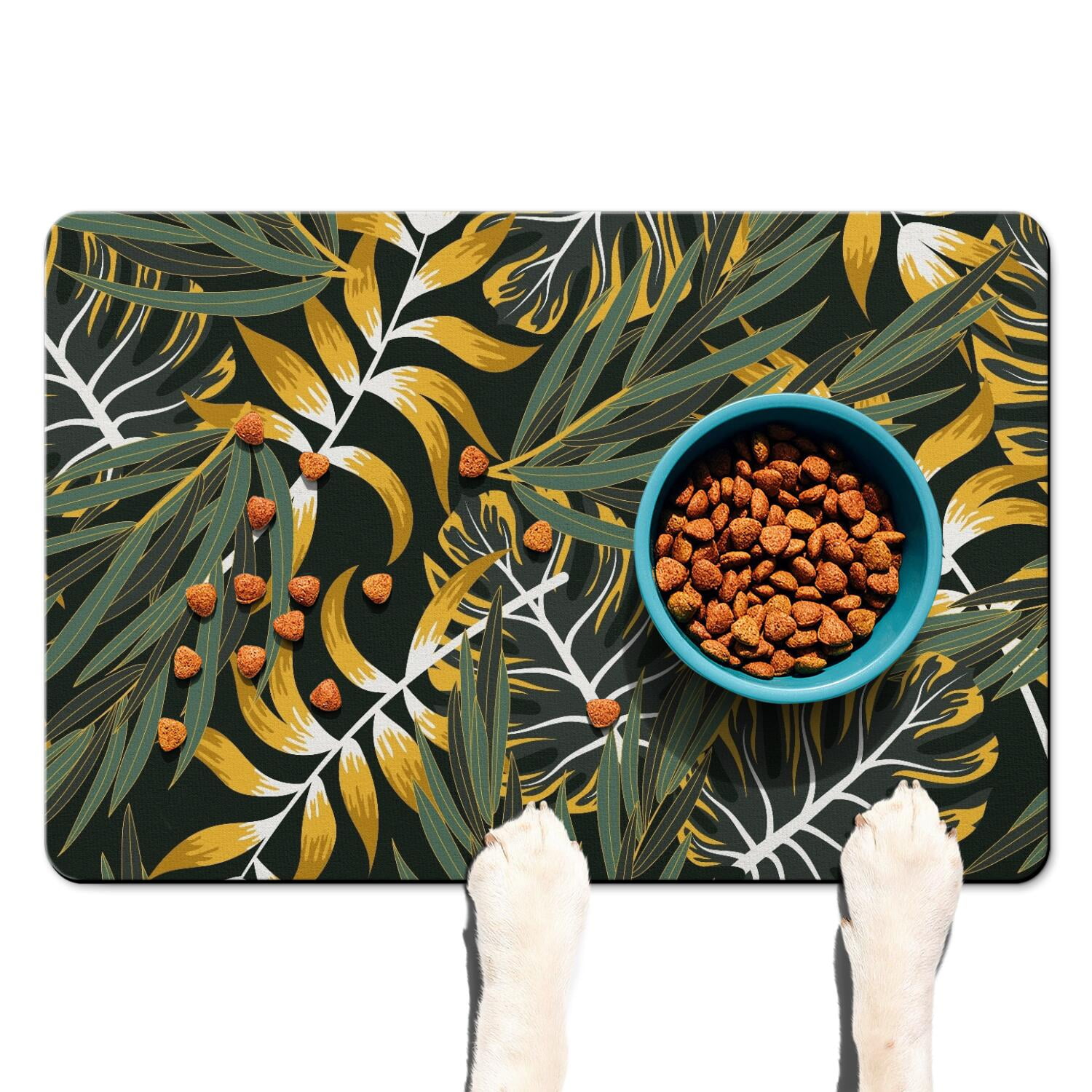 Colorful Exotic Dog Food Mat with Tropical Leaf and Jungle Leaves ...
