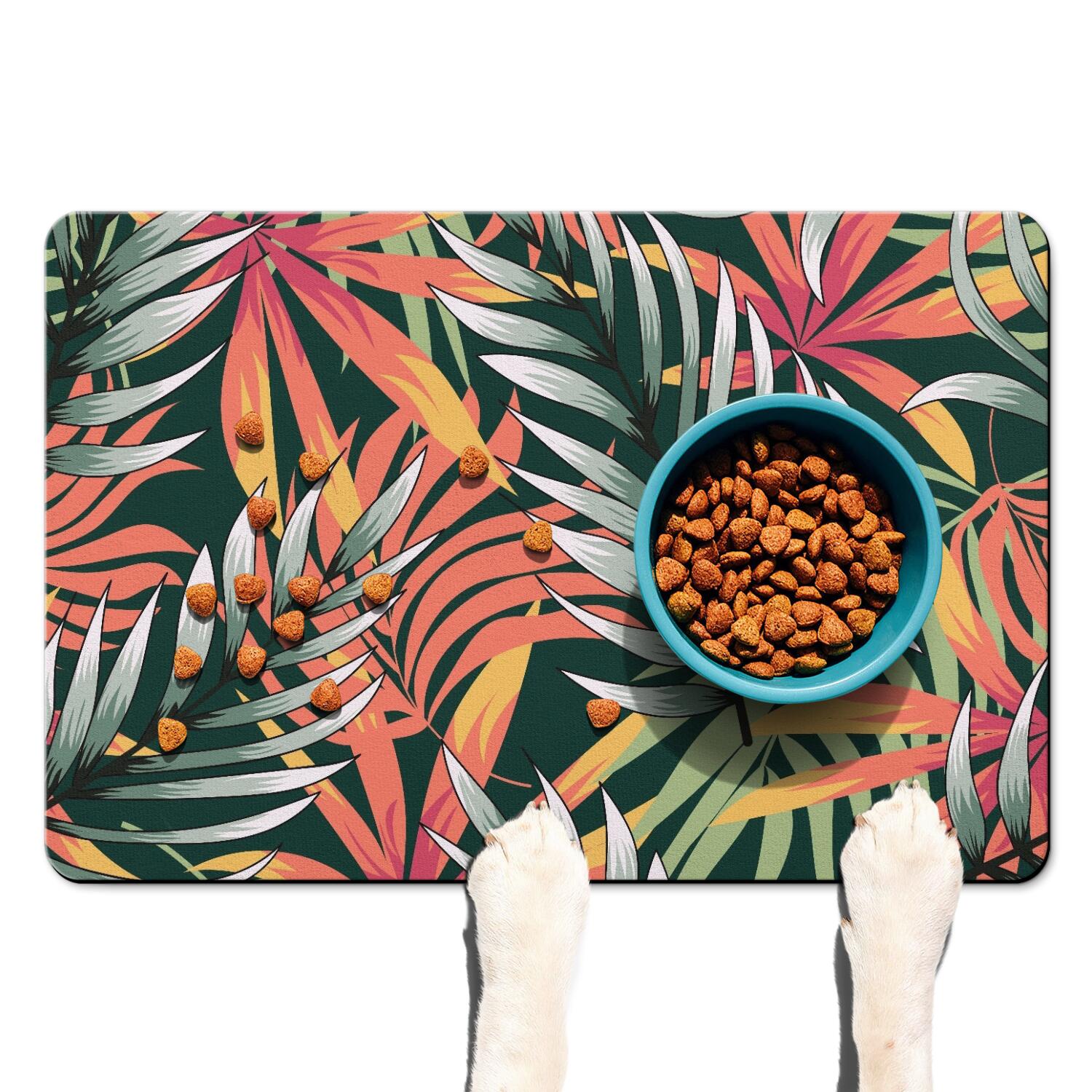 Colorful Exotic Dog Food Mat with Tropical Plant and Beach Vacation ...