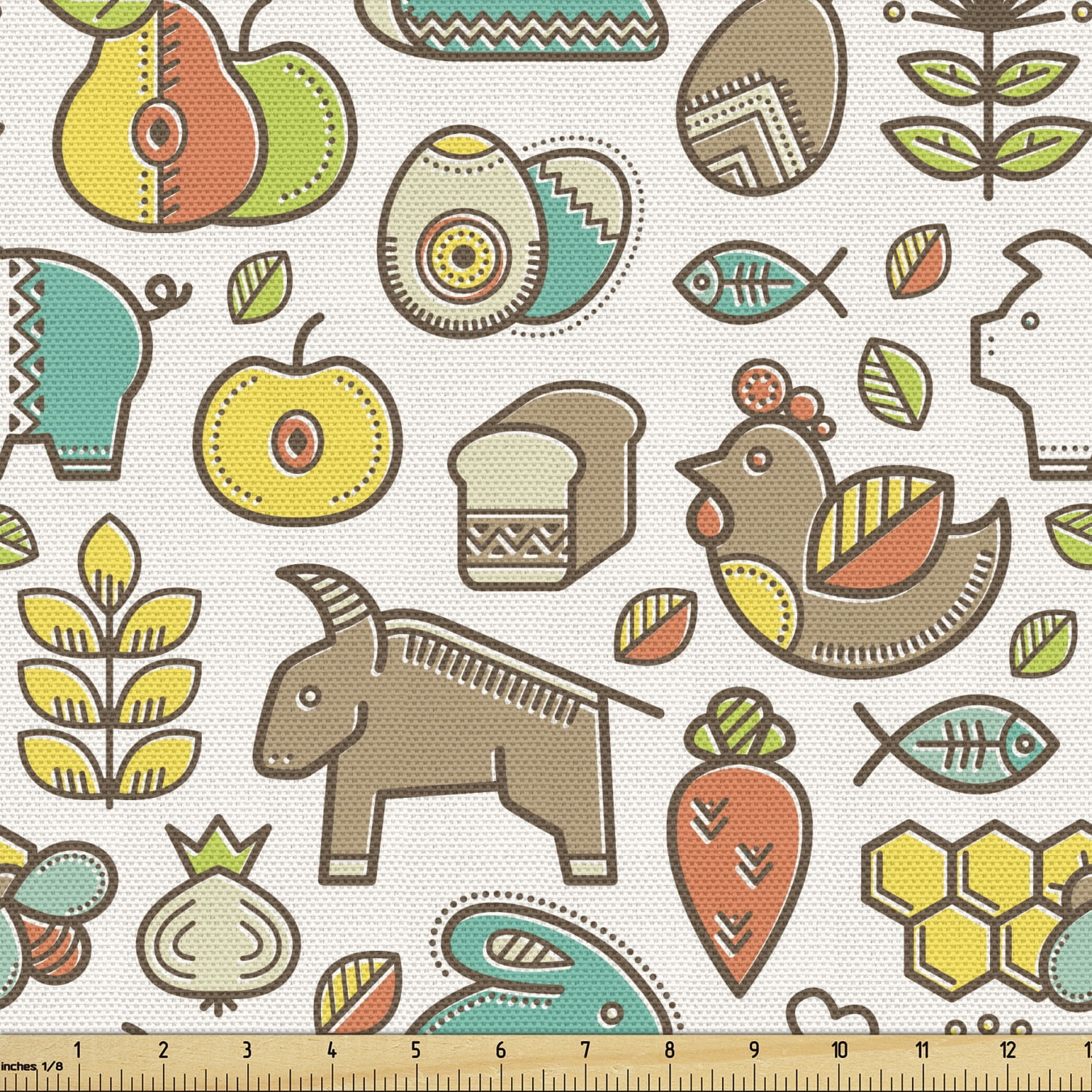 Colorful Fabric by the Yard, Animals with Food Chicken Horse Apple ...