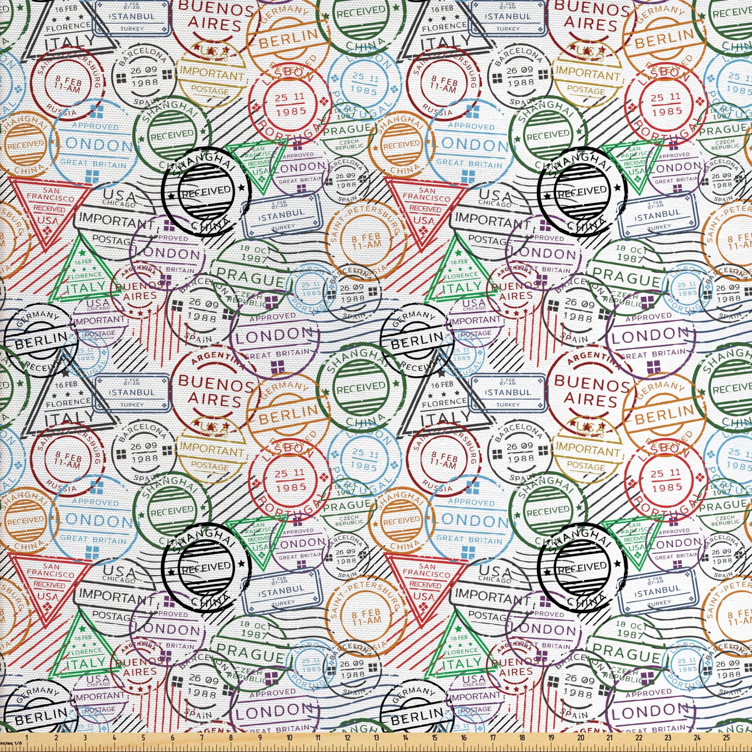 Ambesonne Colorful Fabric by the Yard Upholstery, Retro Postal Pattern ...