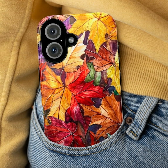 Colorful Fall Leaves Stained Glass Autumn Design Phone Case 17 16 15 14 ...
