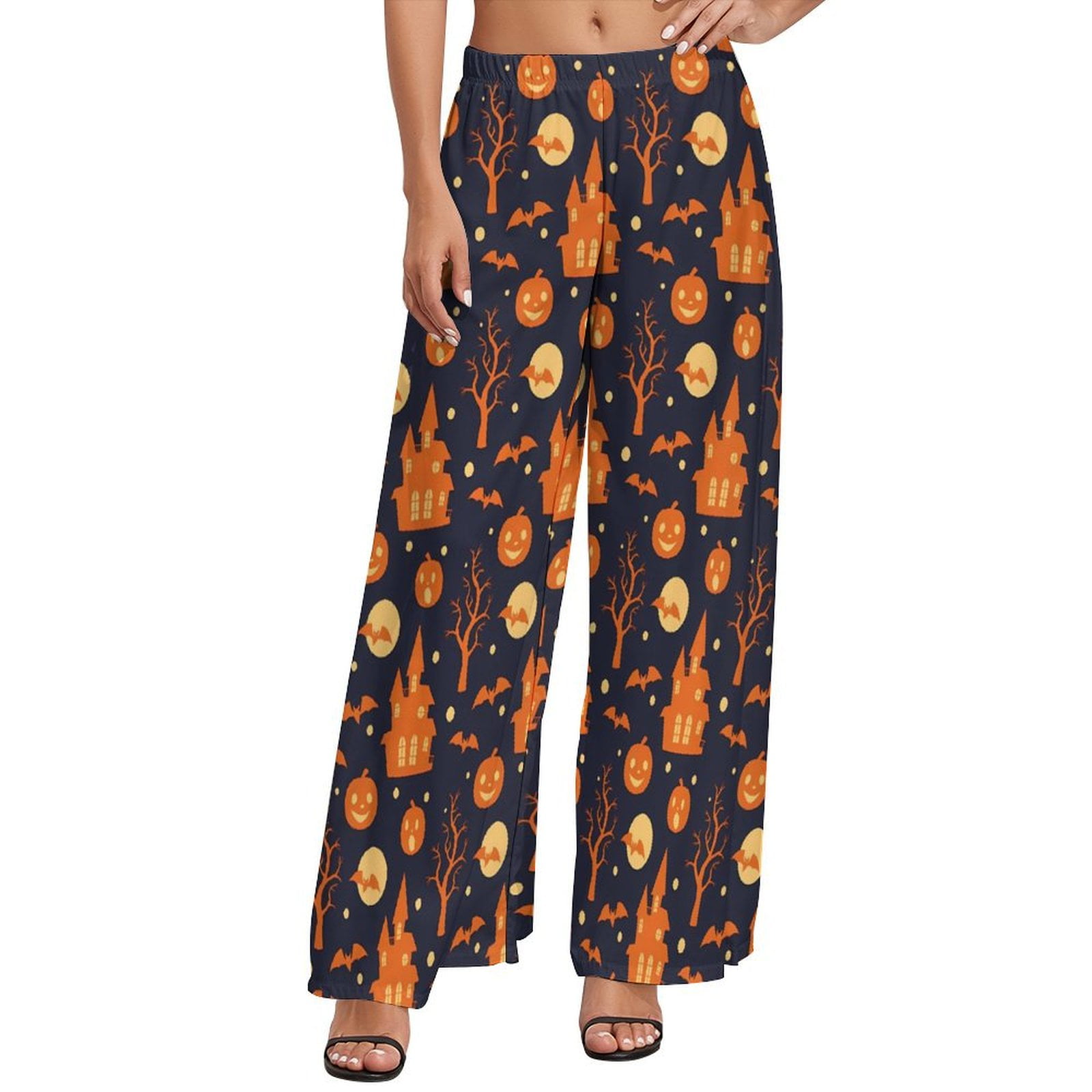 Colorful Fall Pumpkins Pants Elastic High Waist Orange And Blue Casual Trousers Korean Fashion ...