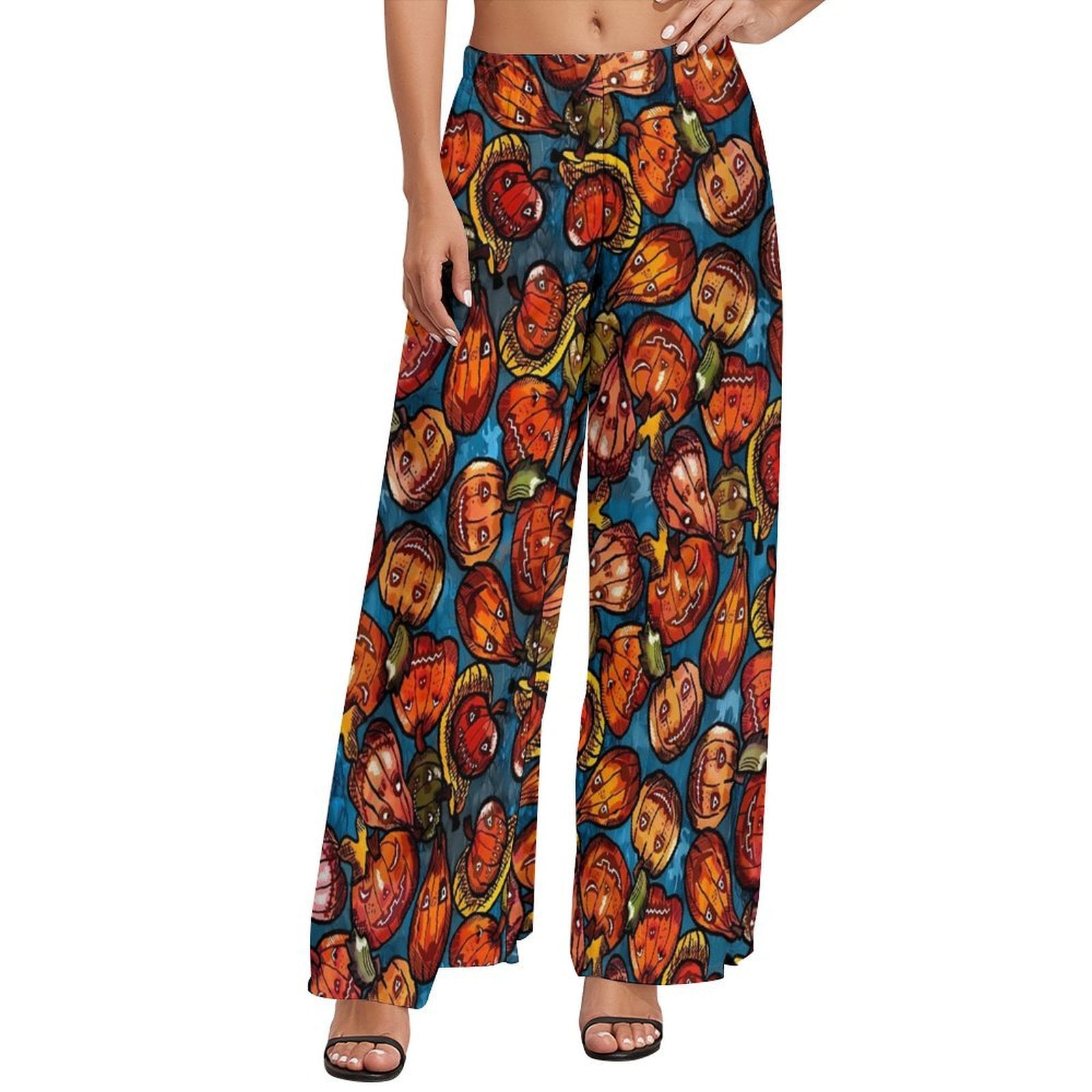 Colorful Fall Pumpkins Pants Elastic High Waist Orange And Blue Casual ...