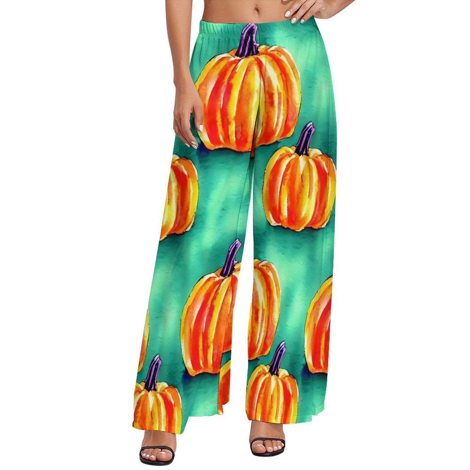 Colorful Fall Pumpkins Pants Elastic High Waist Orange And Blue Casual Trousers Korean Fashion ...