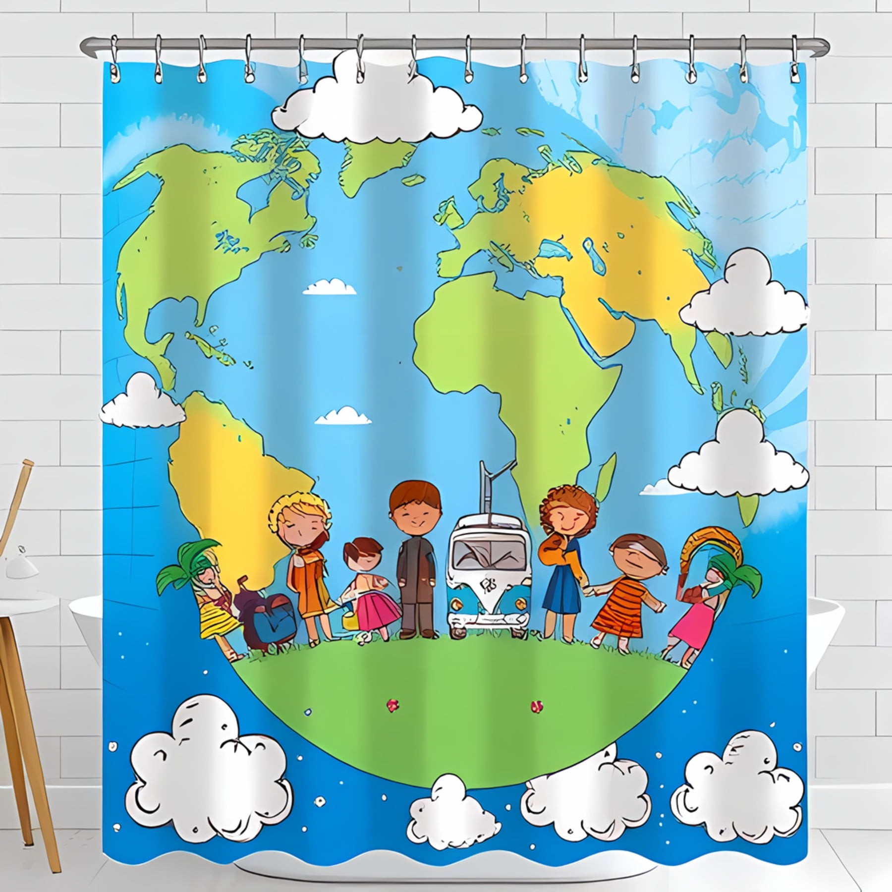 Colorful Family Shower Curtain - Vibrant Globe and Map Design with ...