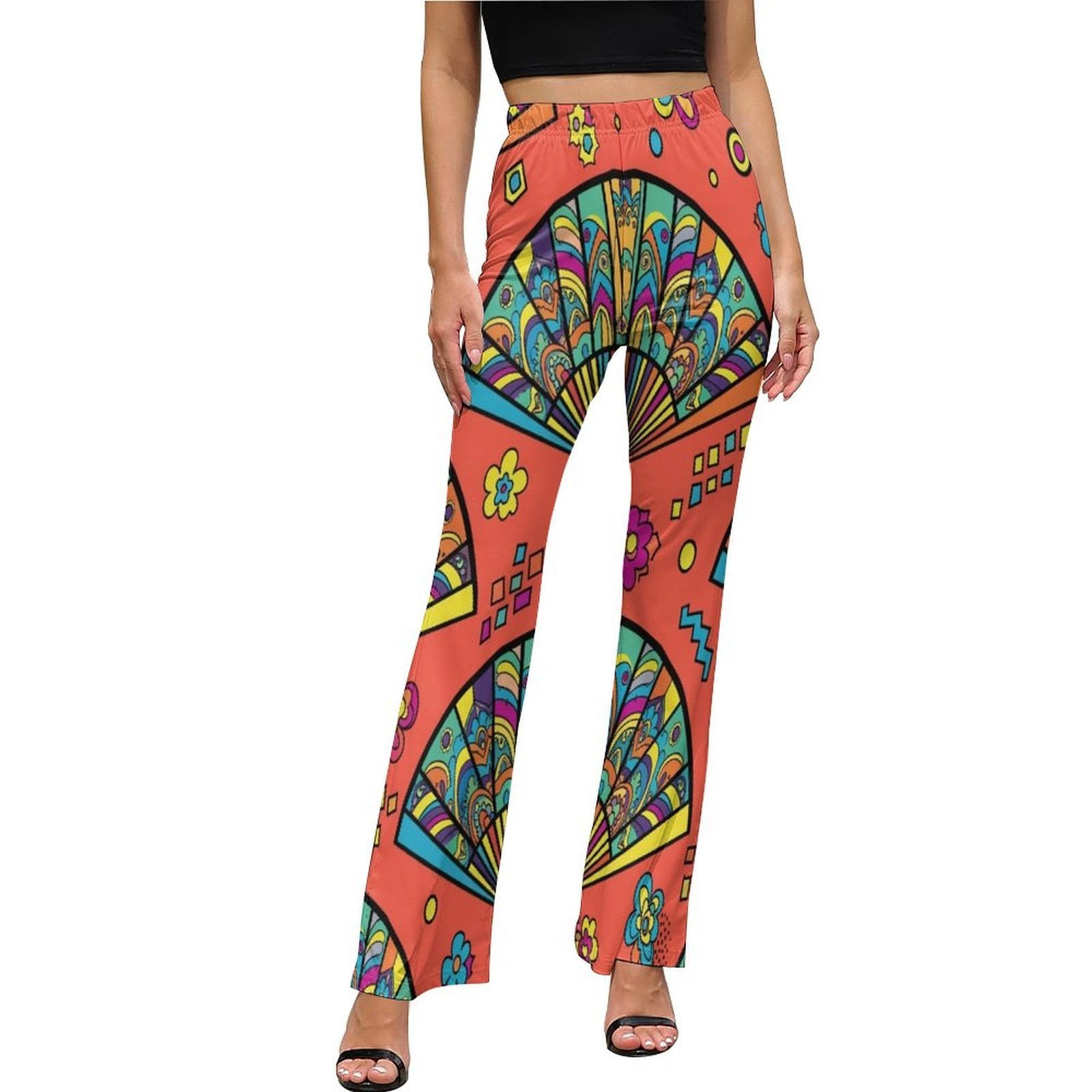 Colorful Fan Floral Pattern High Waisted Casual Flared Trousers Summer ...