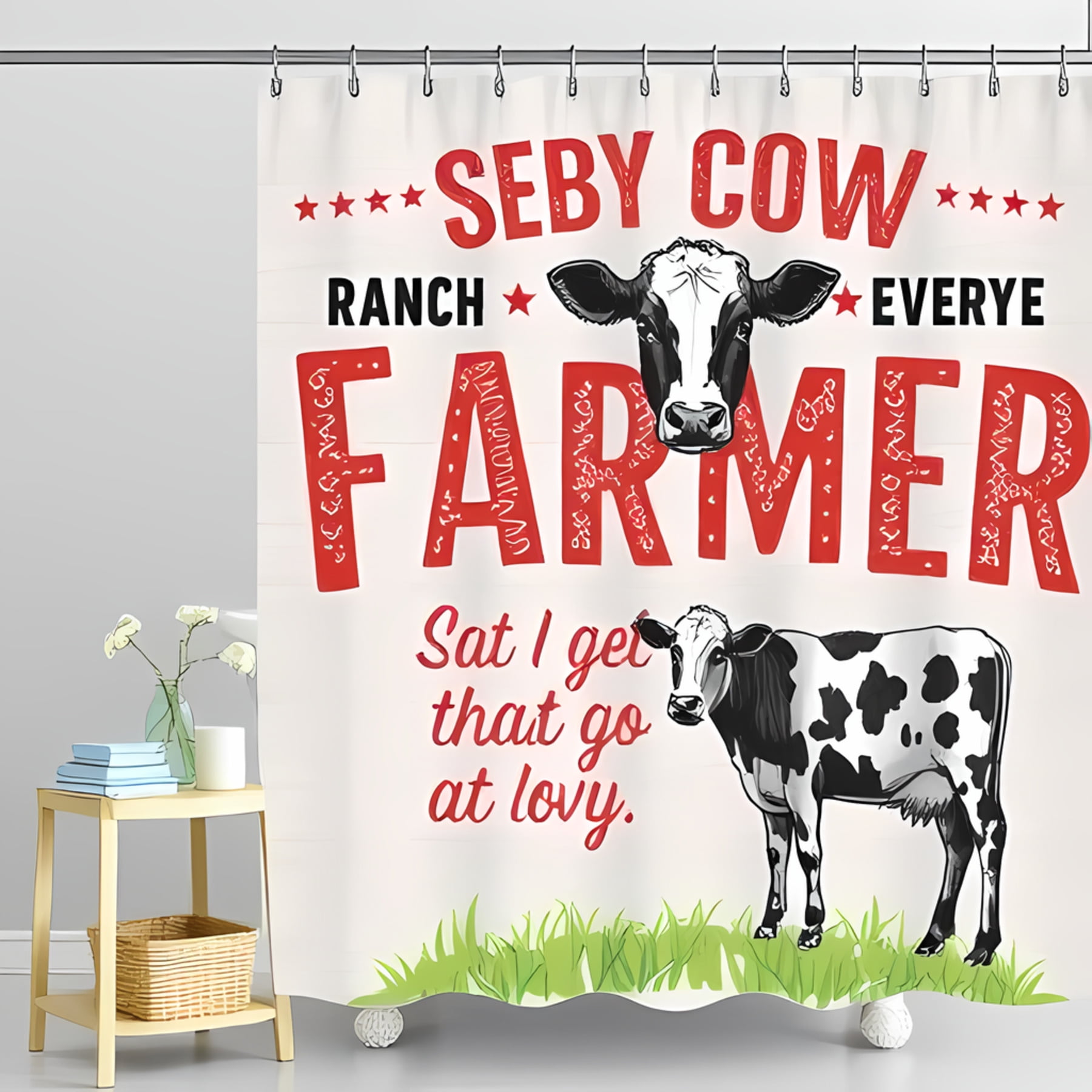 Colorful Farm Theme Shower Curtain with Cartoon Cow & Whimsical 'SEBY ...