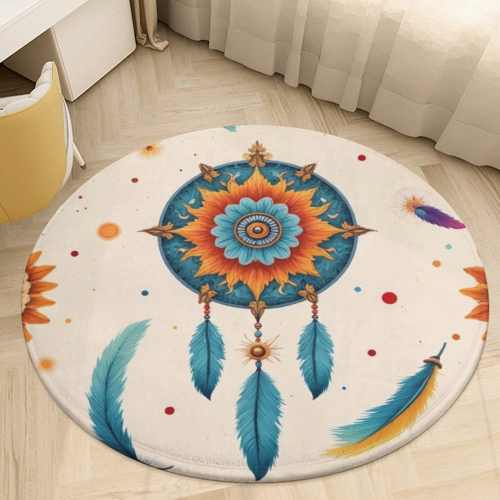 Colorful Feather And Flower Mandala Round Area Rugs for Bedroom Living ...