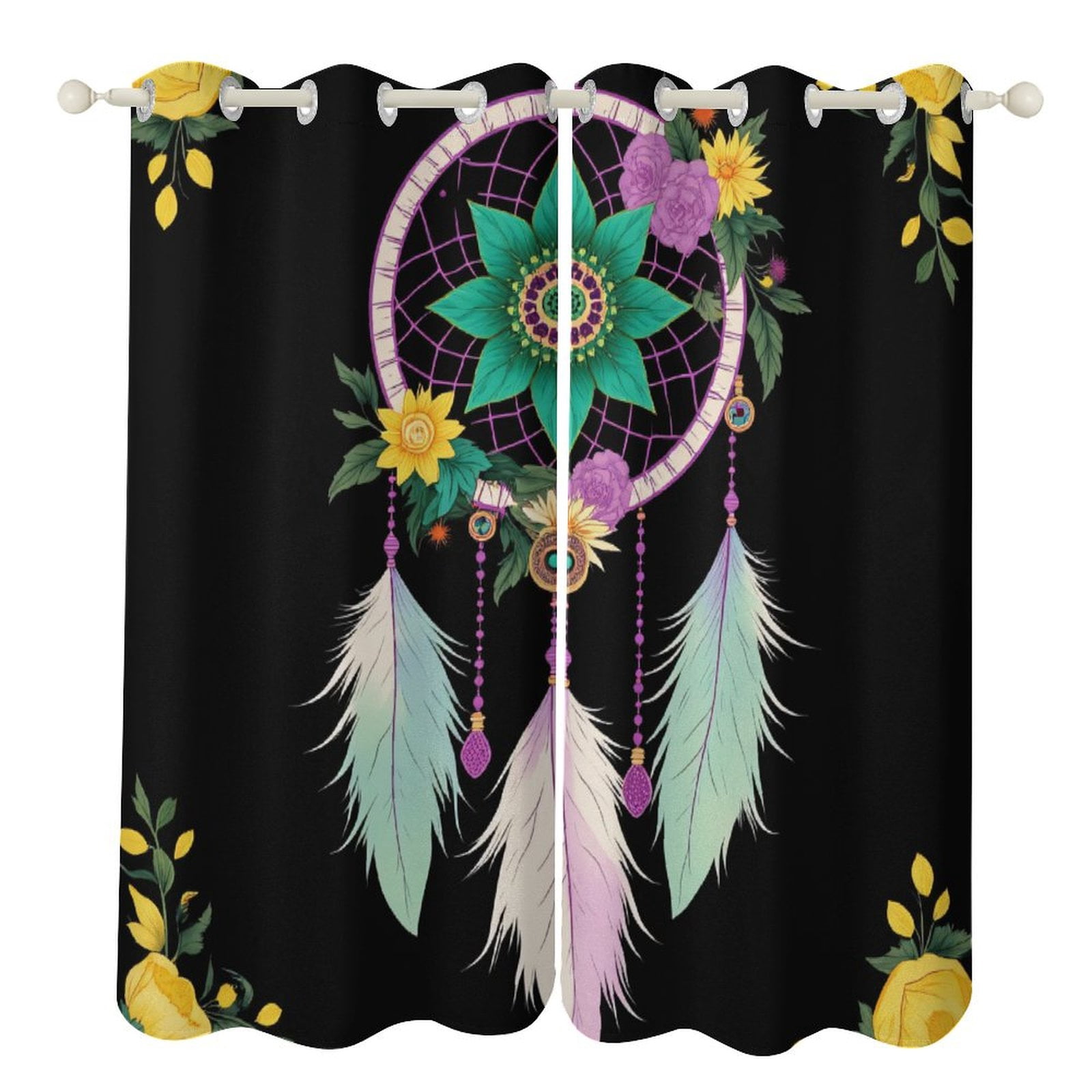 Colorful Feather And Flower Pattern Blackout Window Curtains for ...