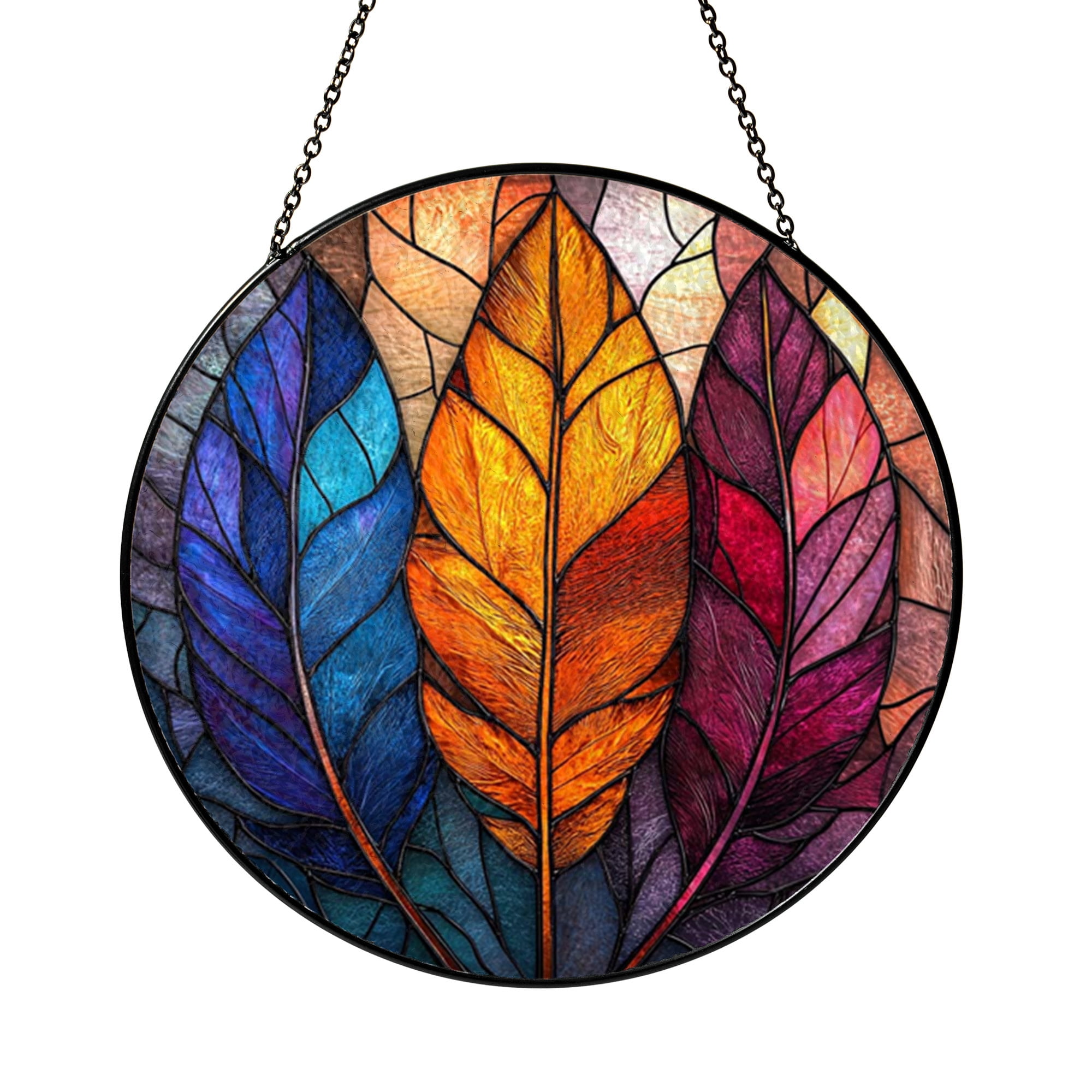 Colorful Feather Design Stained Glass Round Suncatcher – Boho Window ...