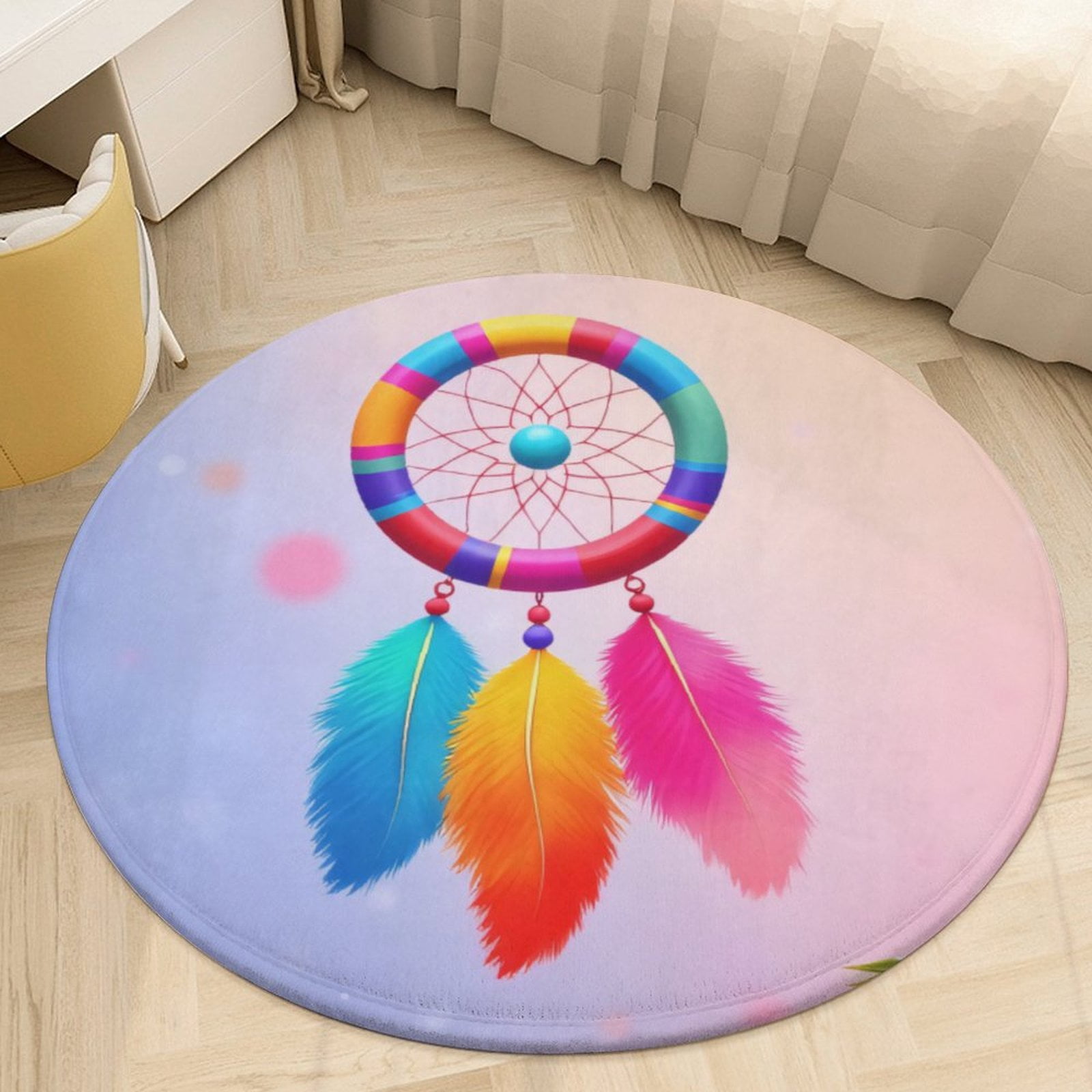 Colorful Feather Dreamcatcher Design Round Area Rugs for Bedroom Living ...