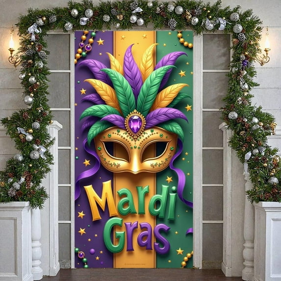 Colorful Feather Mardi Gras Banner Purple Green Gold Carnival Display ...