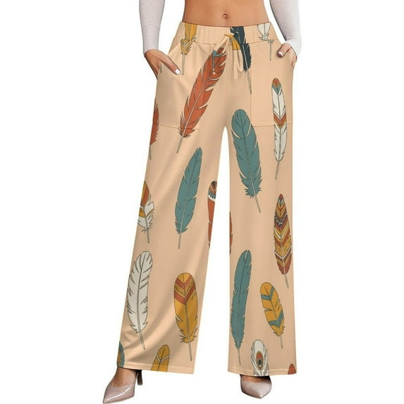 Colorful Feather Pattern Design Women's Casual Wide Leg Pants Comfort ...