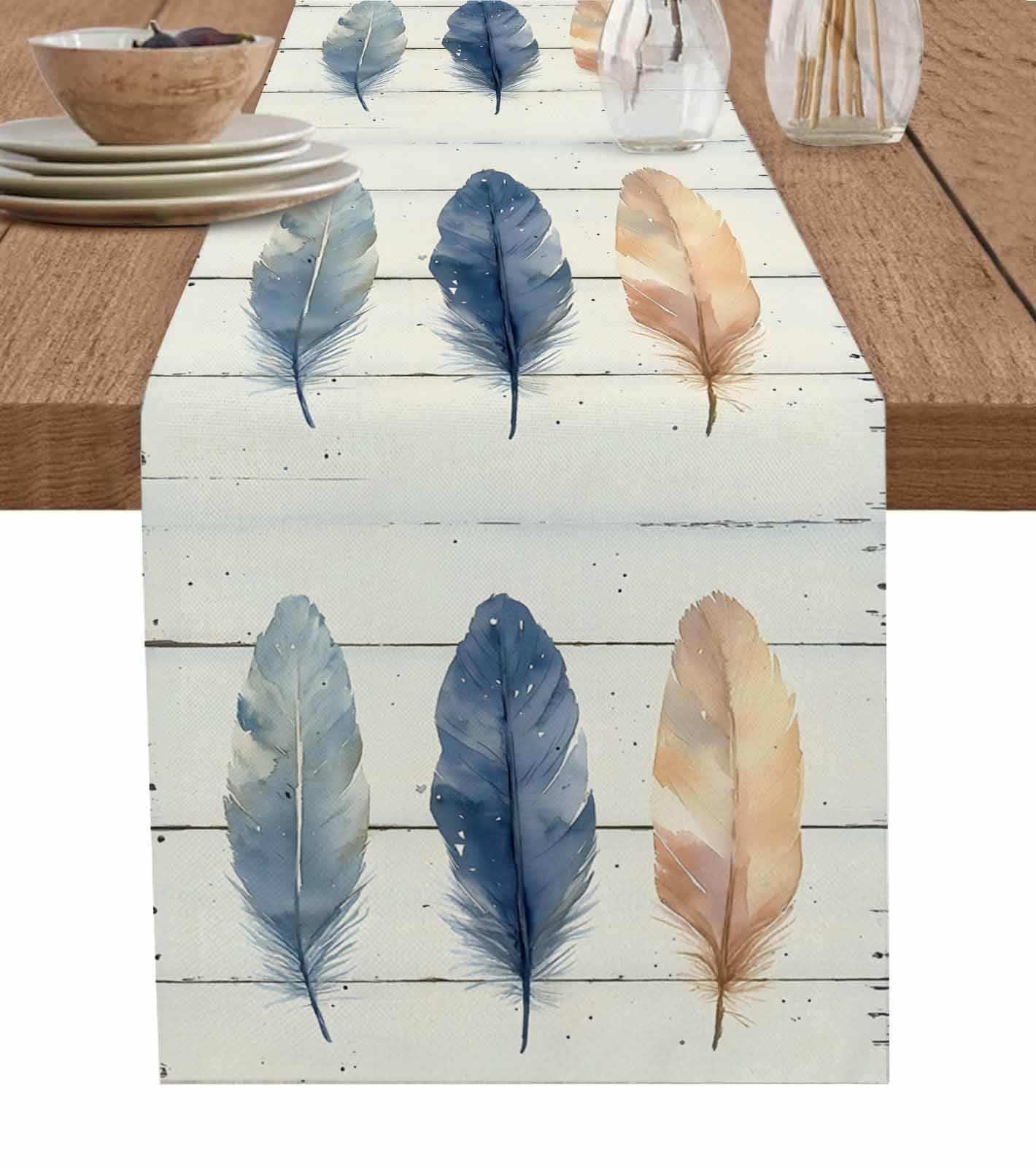 Colorful Feather Table Runner 72 Inches, Watercolor Retro Rustic Wooden ...