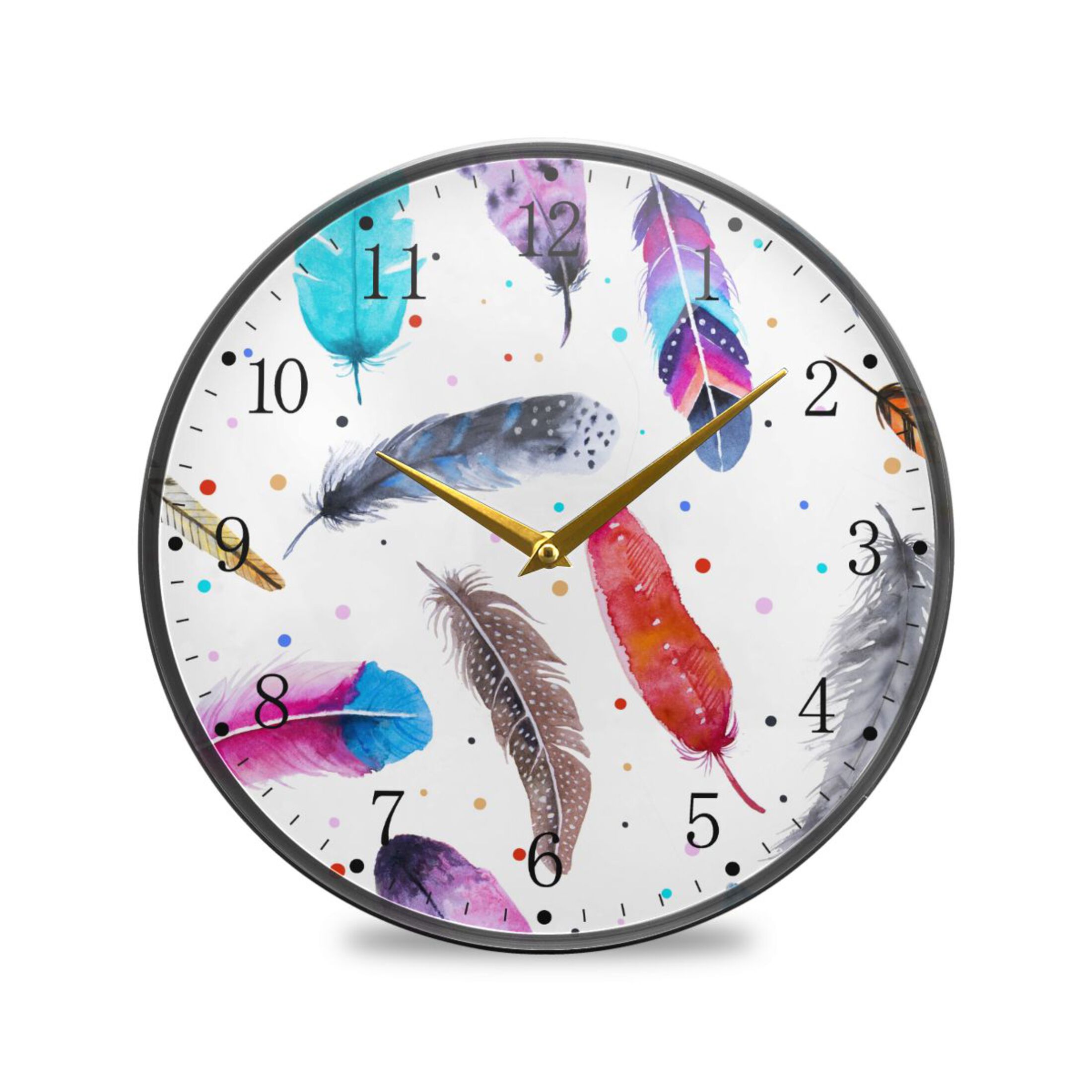 Colorful Feather and Dots Acrylic Wall Clocks Quiet Round Clock Battery ...