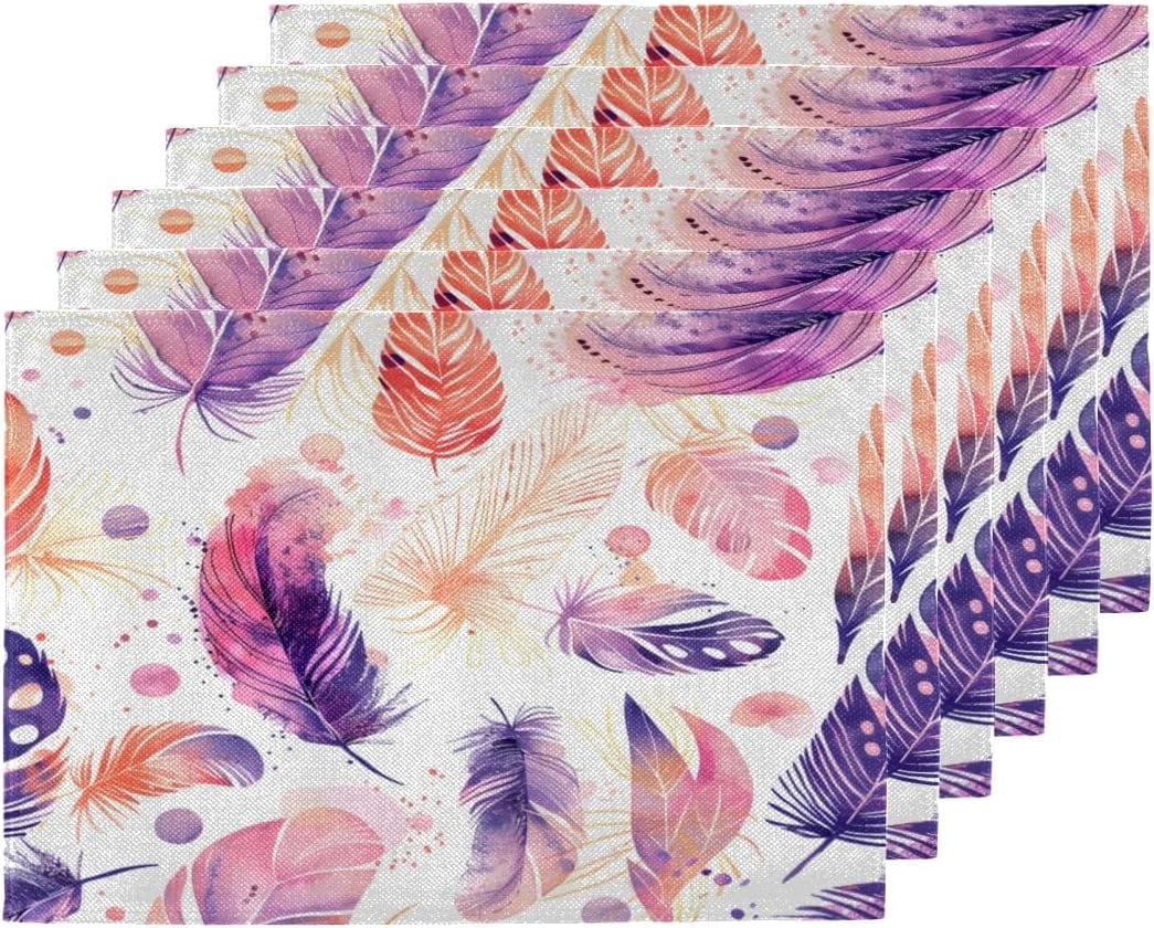 Colorful Feathers Beautiful Placemats Set of 6, Heat Resistant Washable ...