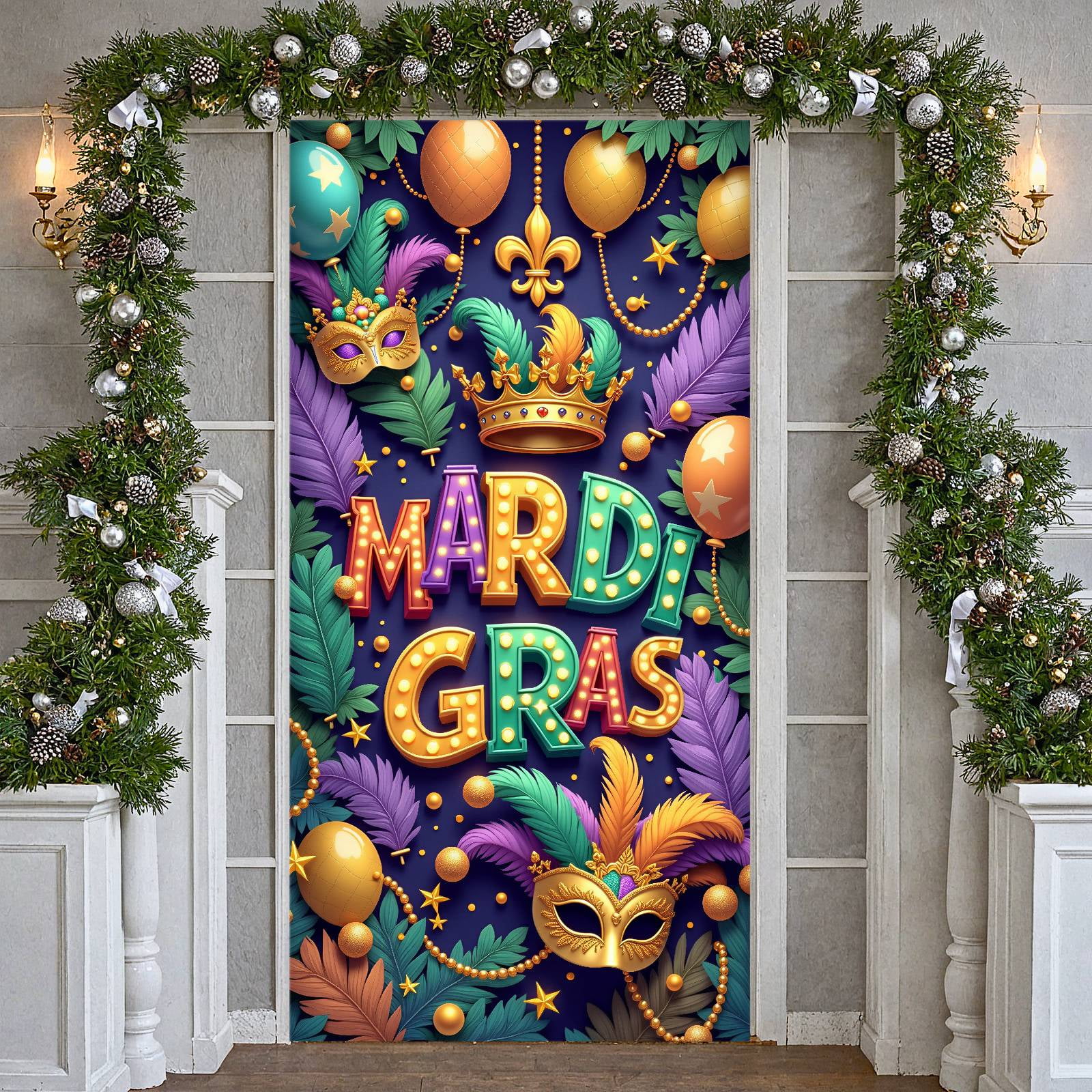 Colorful Feathers Mardi Gras Banner Gold Crown Carnival Display Purple ...
