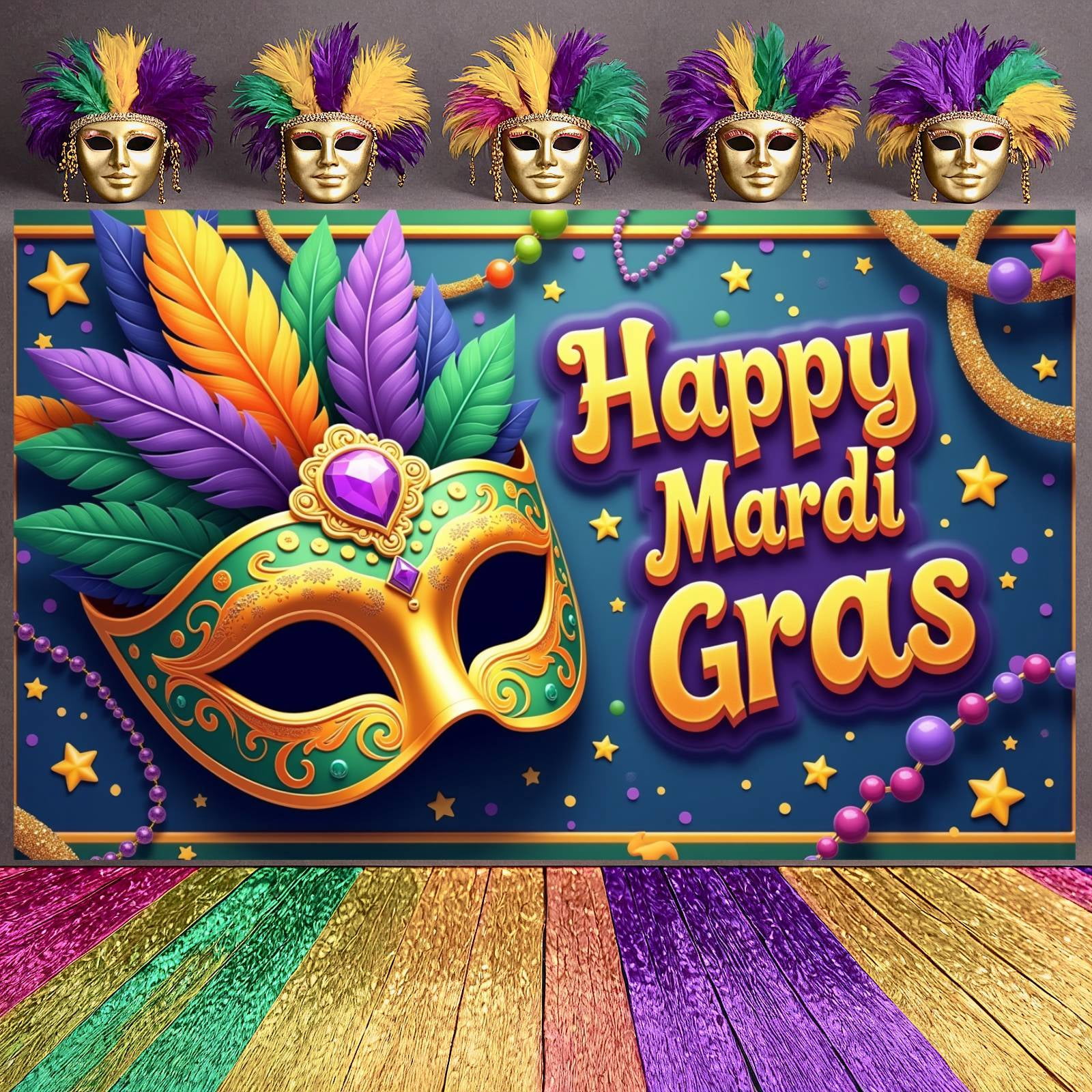 Colorful Feathers Mardi Gras Banner Gold Masquerade Carnival Display ...