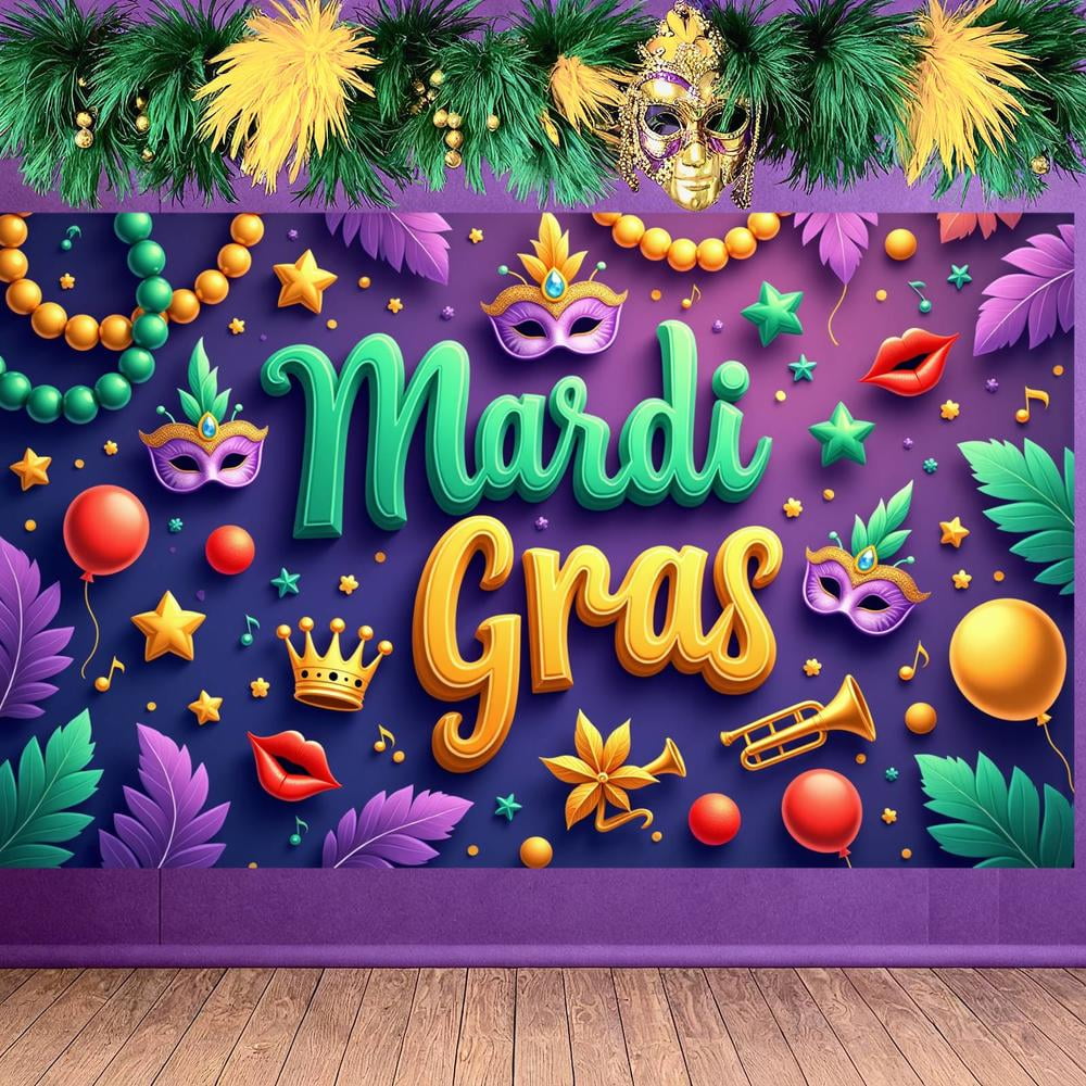 Colorful Feathers Mardi Gras Banner Gold Masquerade Carnival Display ...