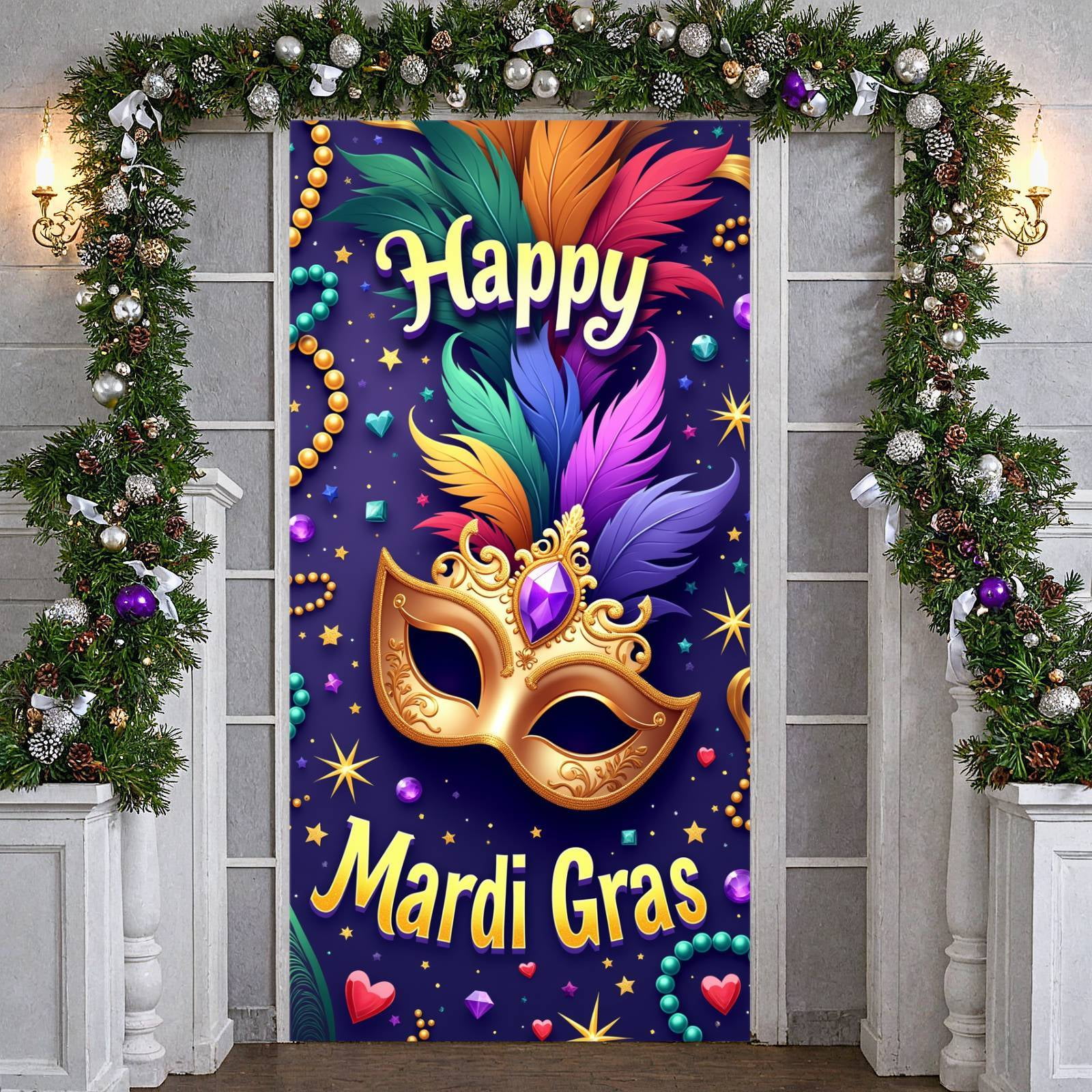 Colorful Feathers Mardi Gras Banner Golden Mask Carnival Display Beaded ...