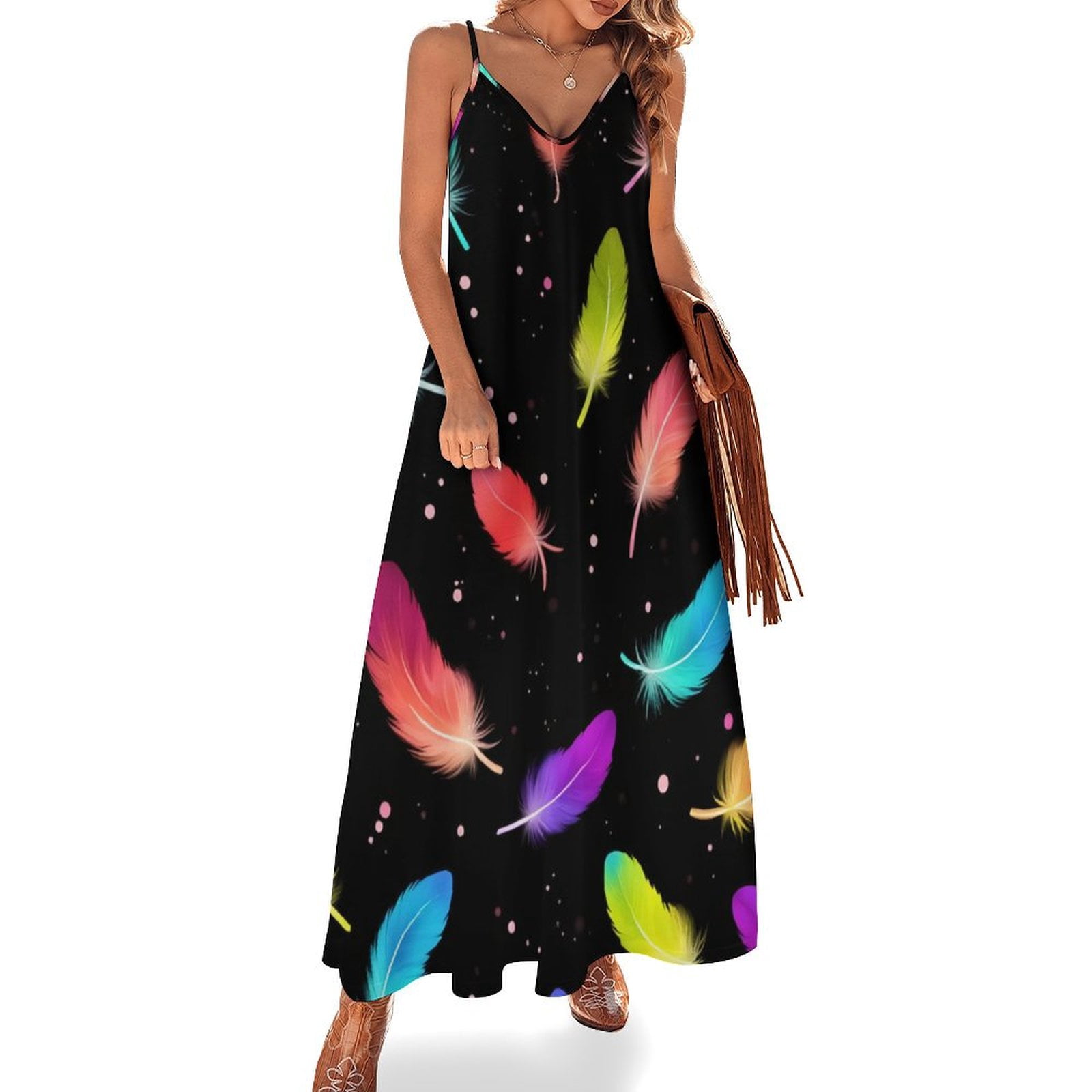 Colorful Feathers Pattern Design Sleeveless Dress Woman Fashion Long ...