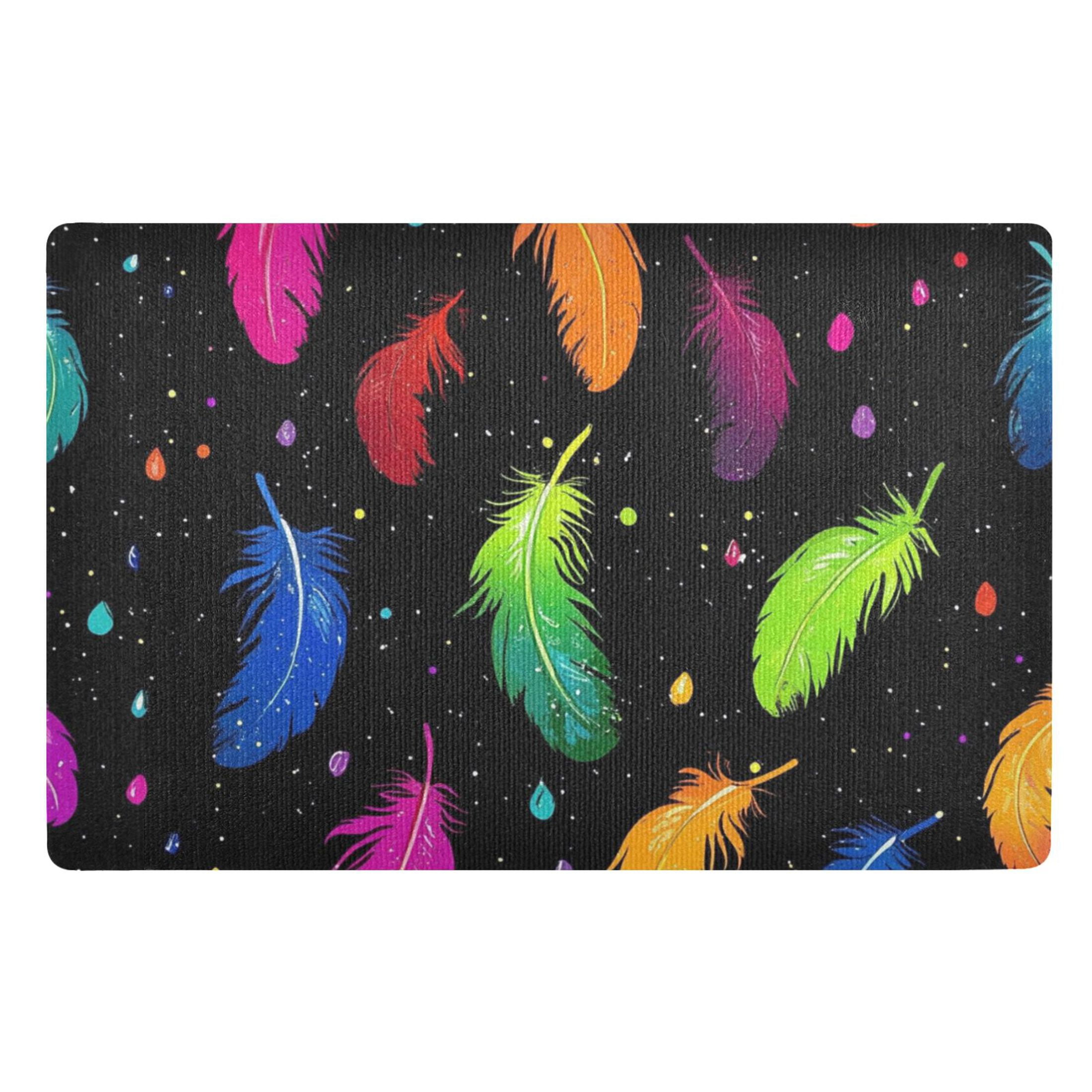 Colorful Feathers on Black Floor Door Mat Outdoor Indoor for Home ...