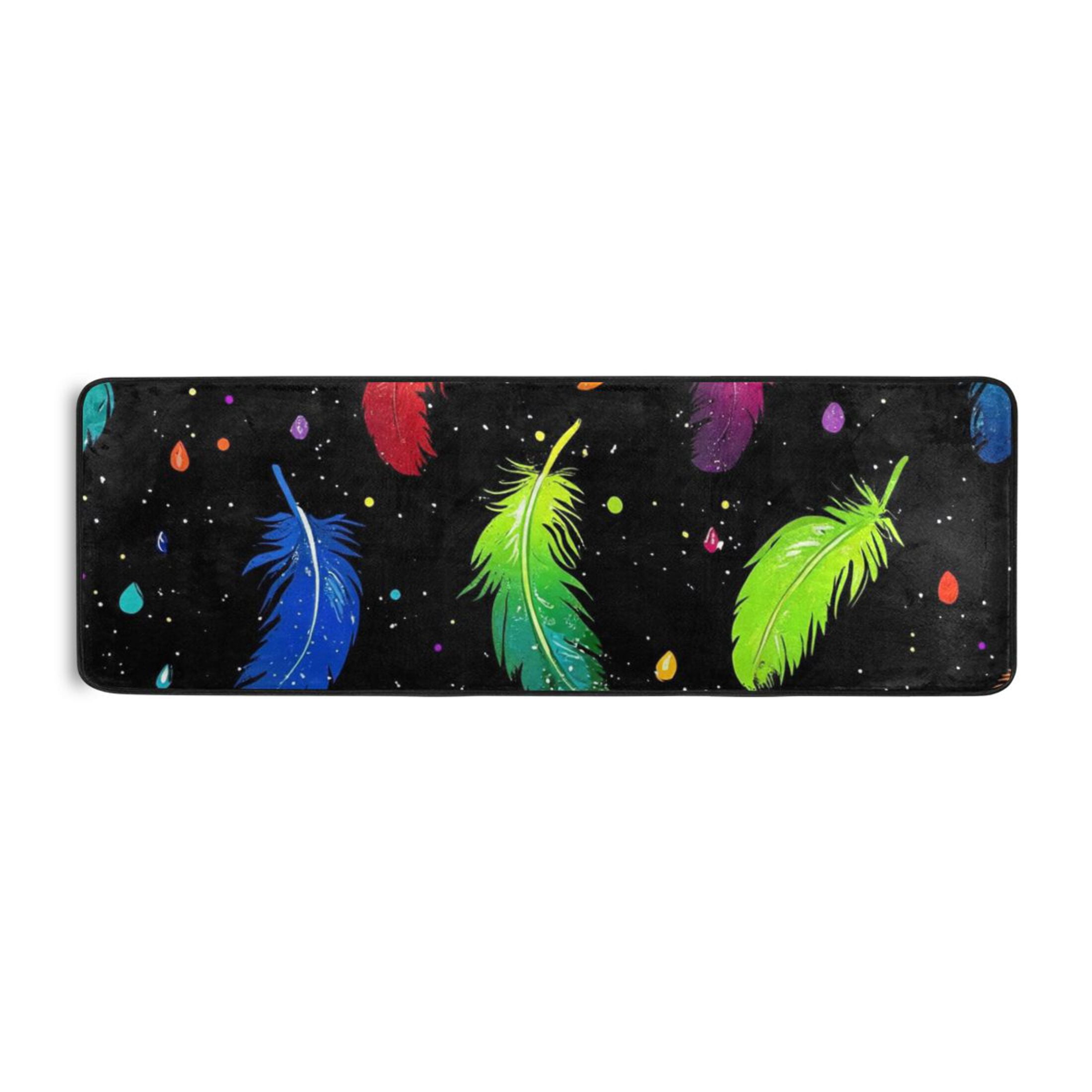 Colorful Feathers on Black Runner Rug for Hallways Kitchen Non Slip 2'x ...