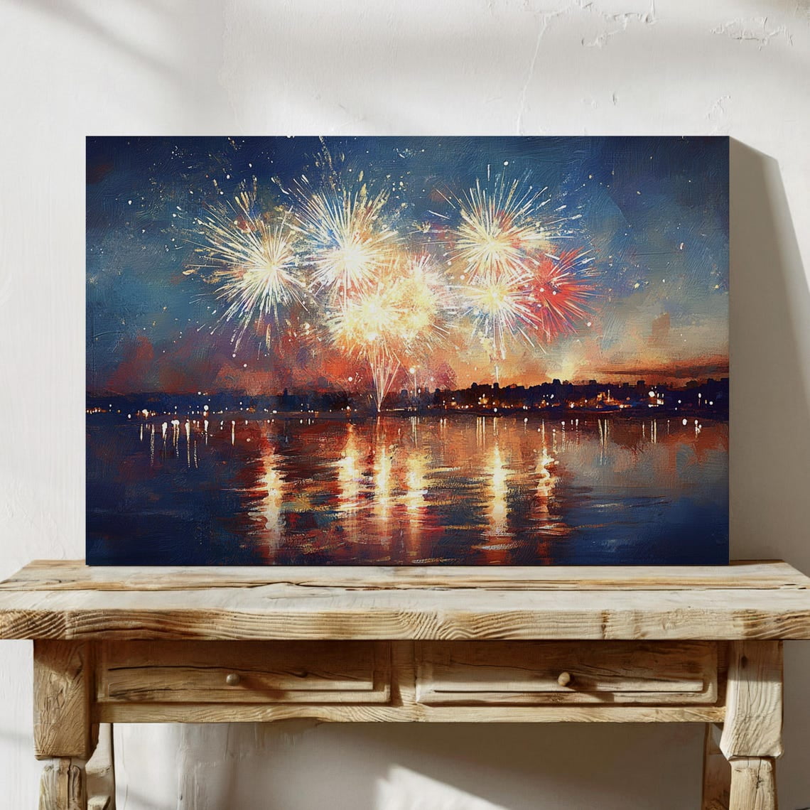 Colorful Fireworks Over Water Painting - Festive Night Sky Celebration ...
