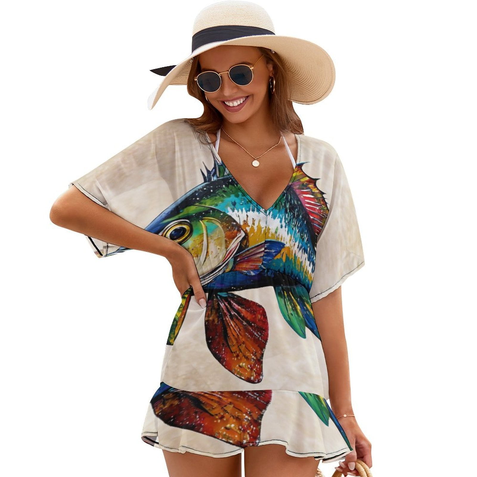 Colorful Fish Art Print Beach Cover Ups Women V Neck Short Sleeve Dress ...