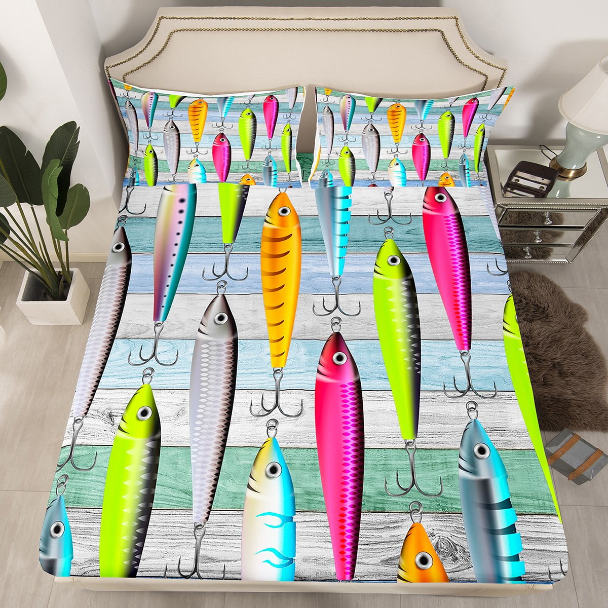 Colorful Fish Bed Sheets Set Twin, Fish Hook Fishing Fitted Sheet Teens ...