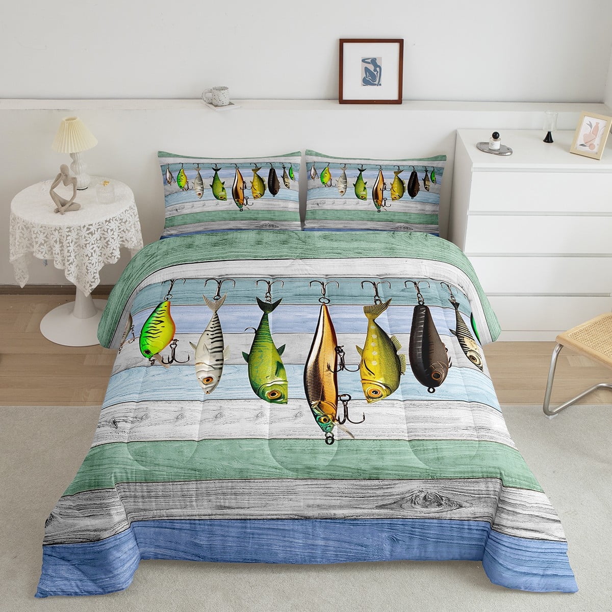 Colorful Fish Bedding Set Full, Fish Hook Fishing Comforter Set for ...